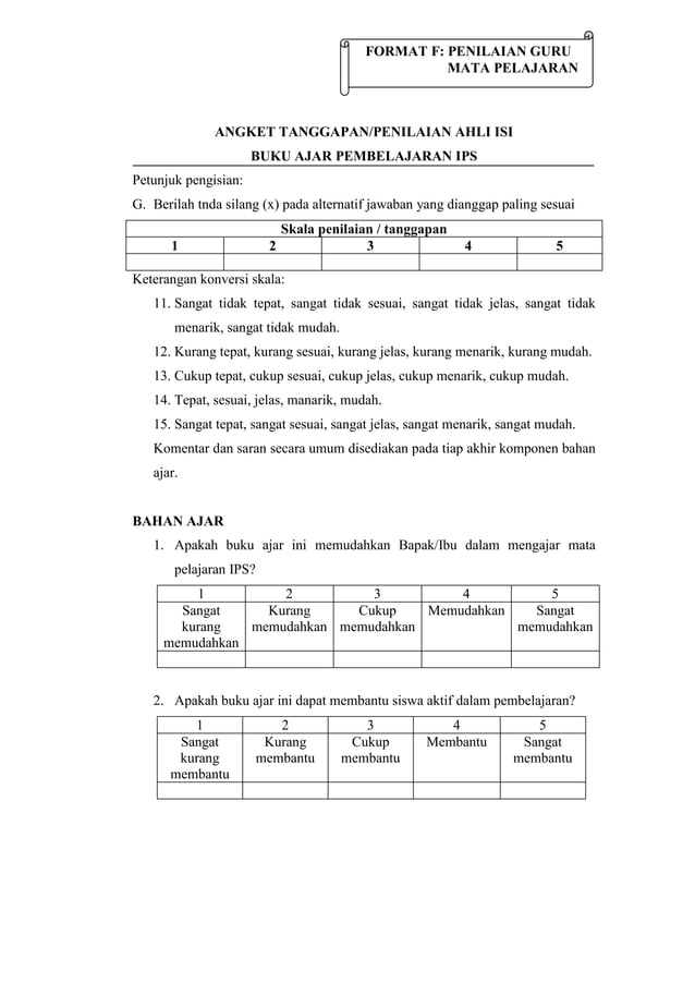 Contoh Angket Pengembangan Bahan Ajar | PDF