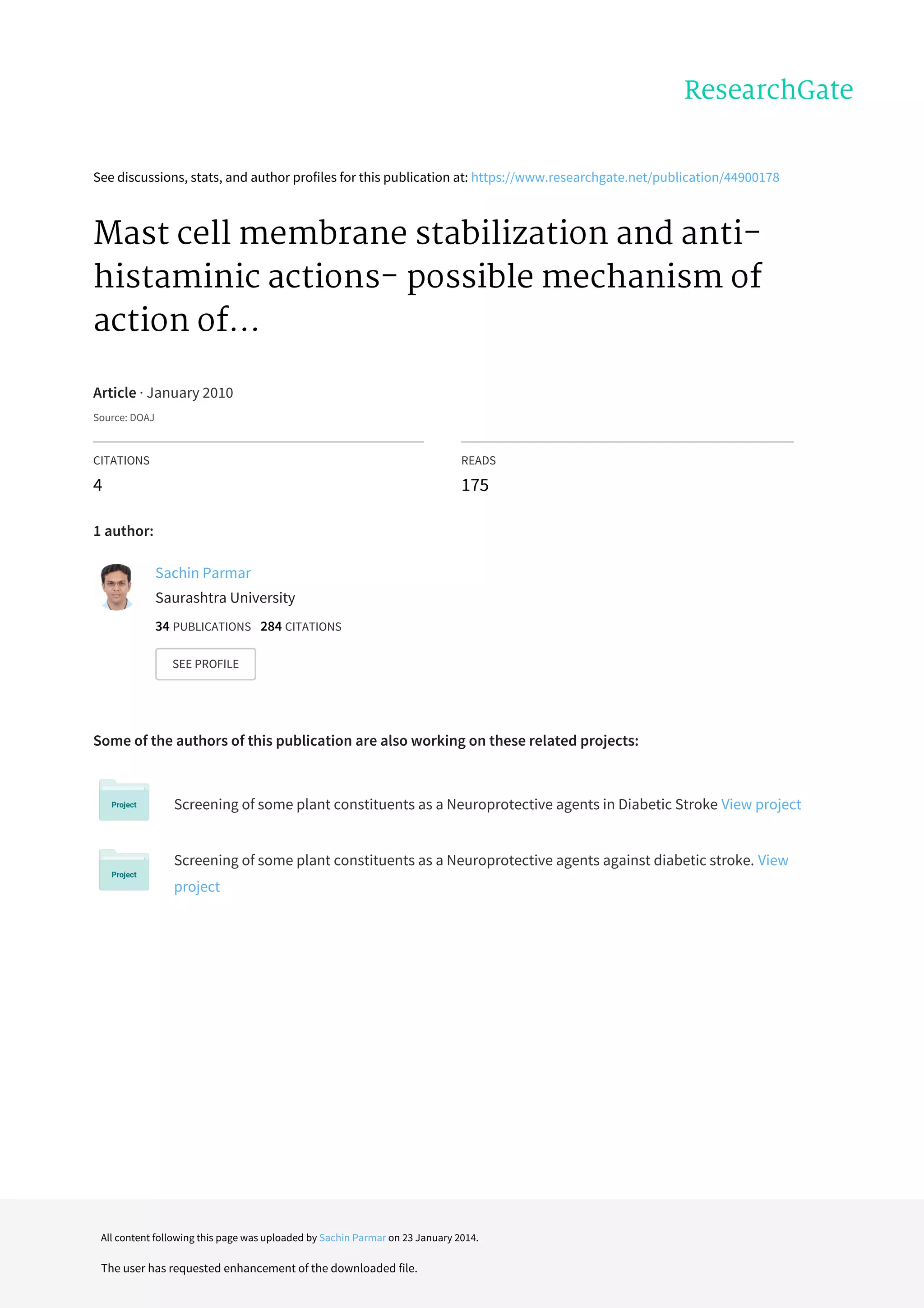 Mast cell membrane stabilization and anti-histaminic actions possible ...