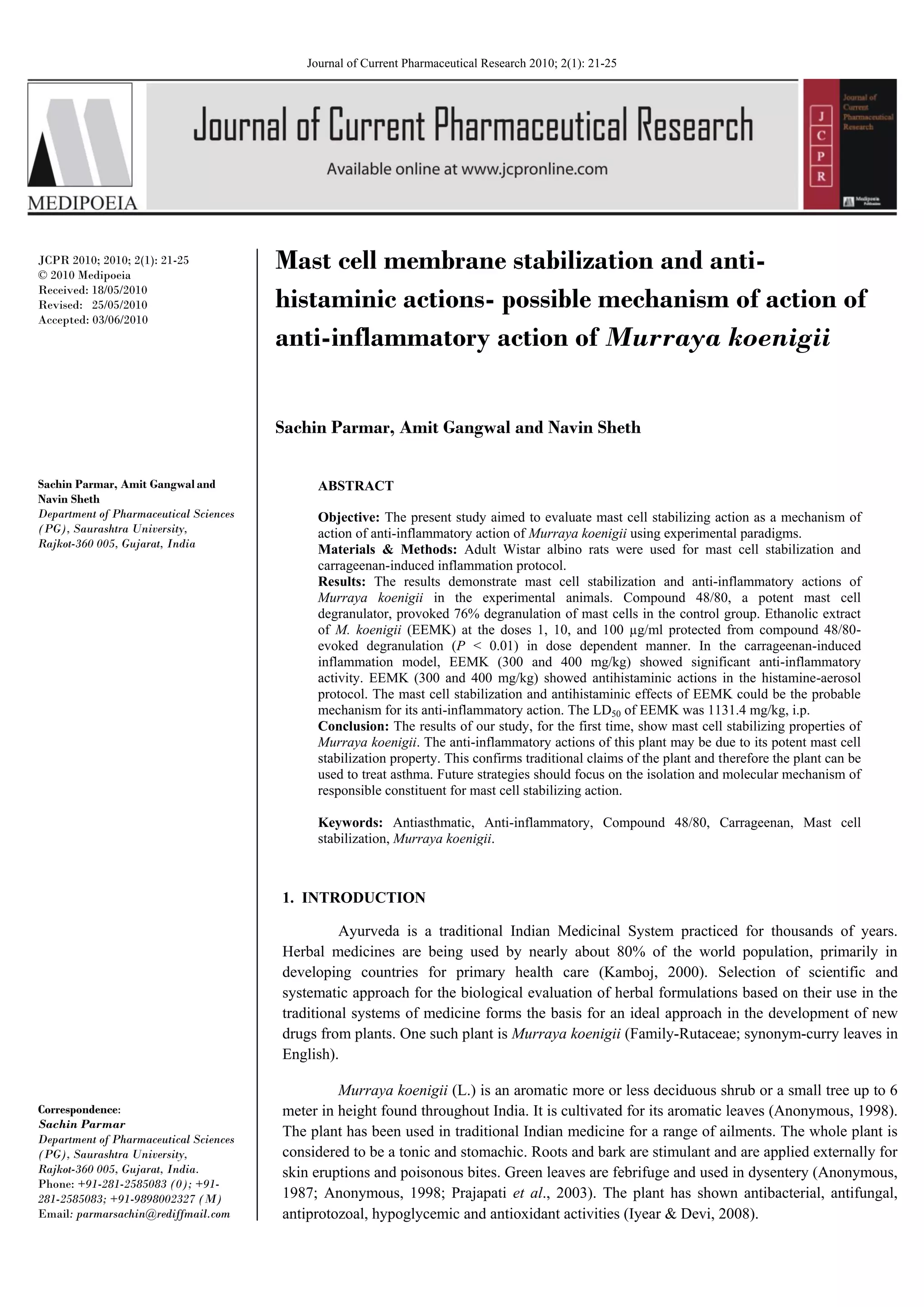 Mast cell membrane stabilization and anti-histaminic actions possible ...