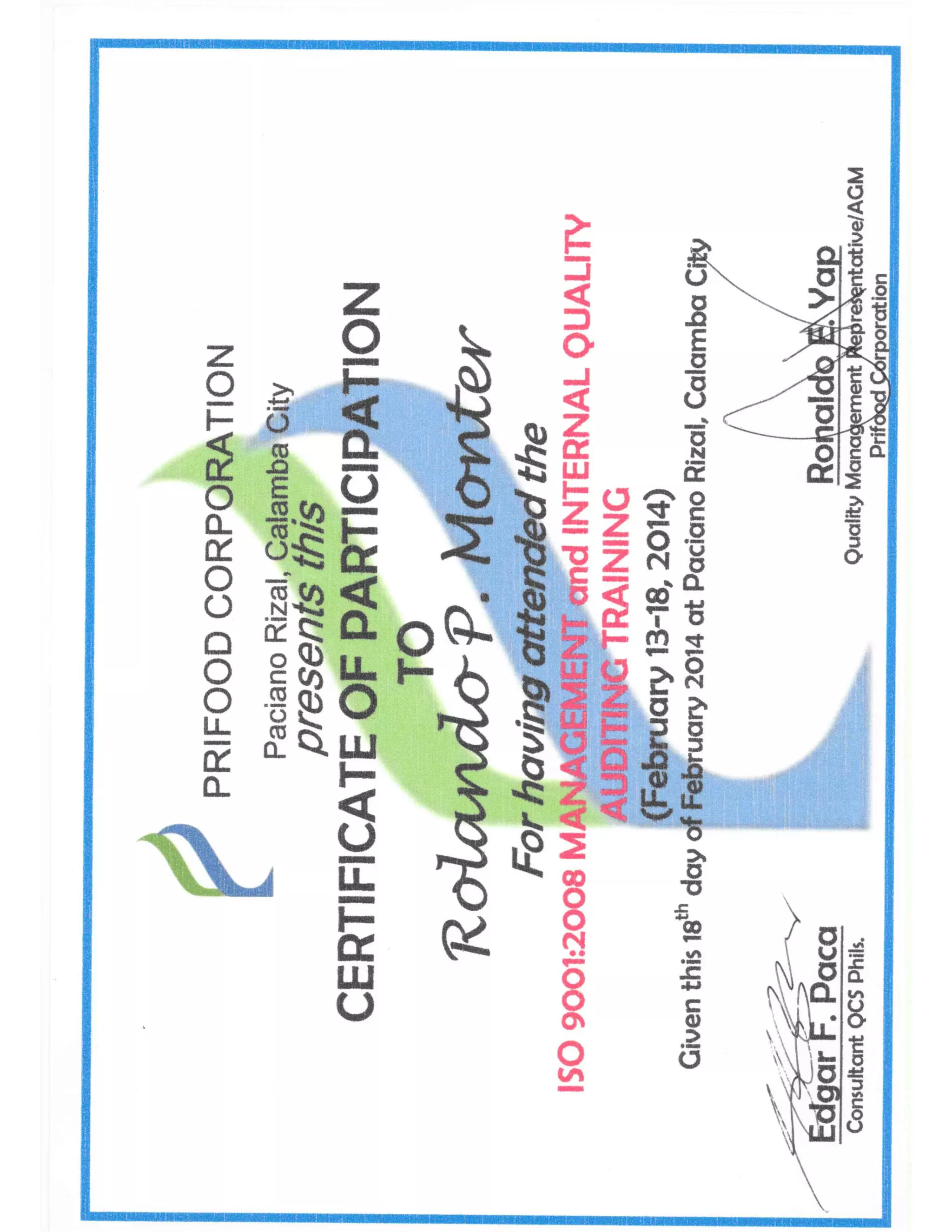 ISO 9001 QMS & IQA Training Certificate | PDF