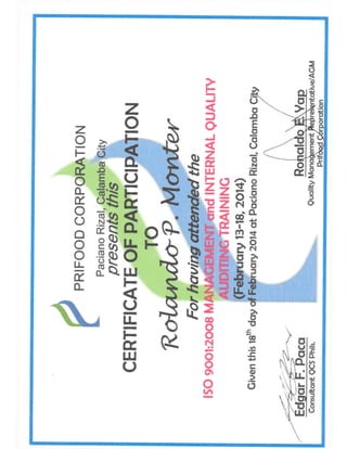 ISO 9001 QMS & IQA Training Certificate | PDF