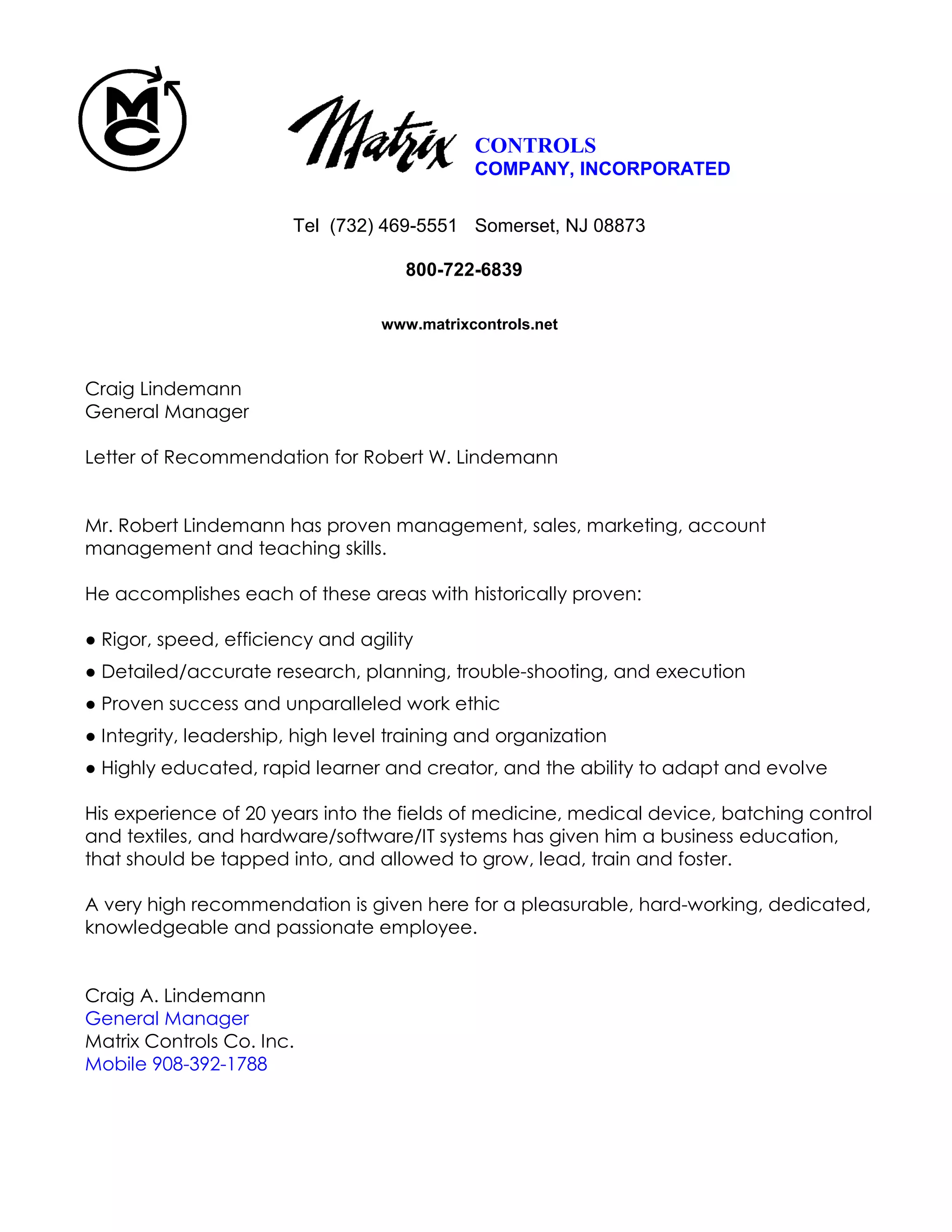 Matrix G. M. Letter of Recommendation | PDF