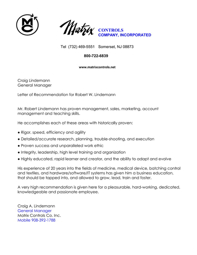 Matrix G. M. Letter of Recommendation | PDF
