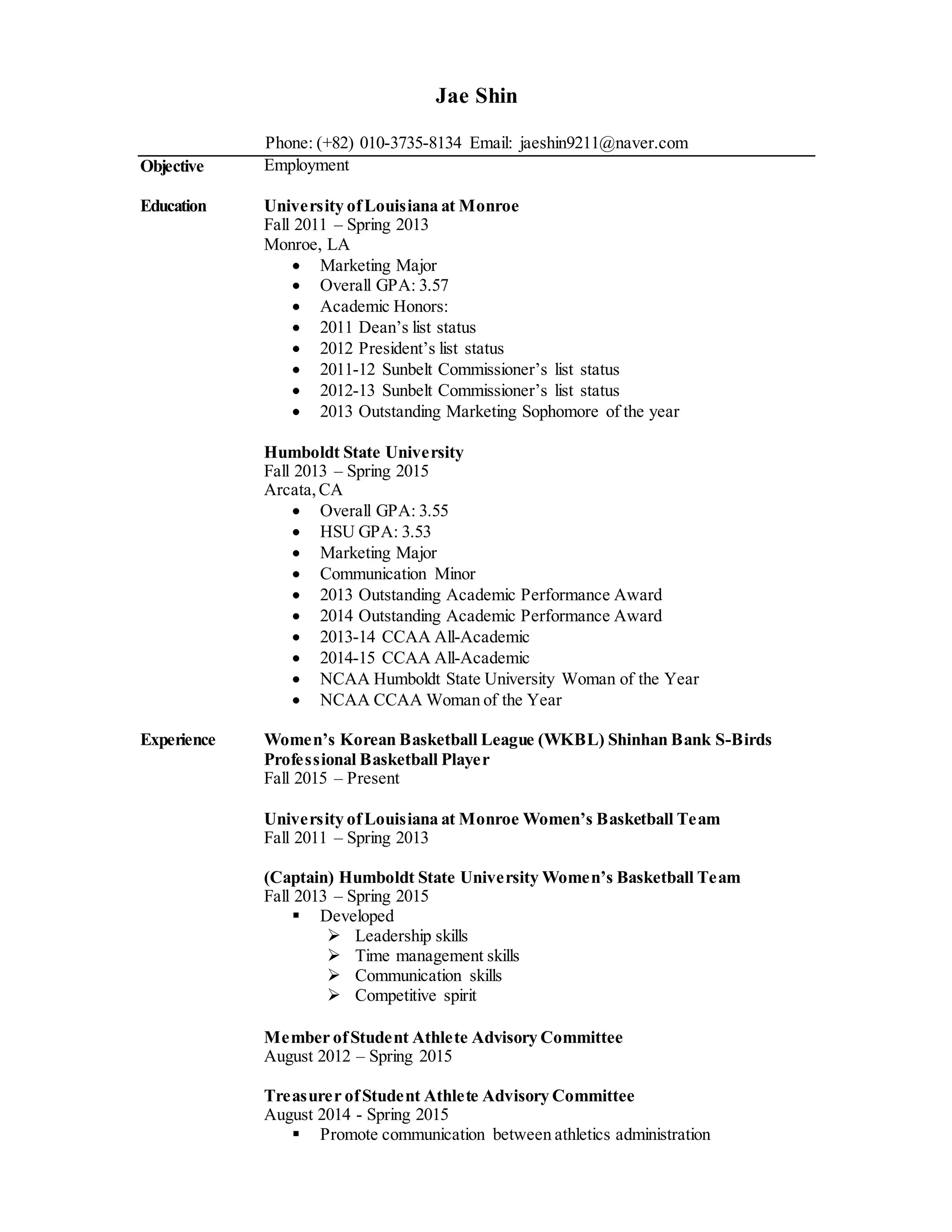 Jae Shin Resume | DOCX