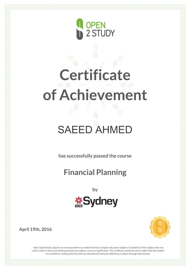 Certificate - Financial Planning by Sydney TAFE | PDF