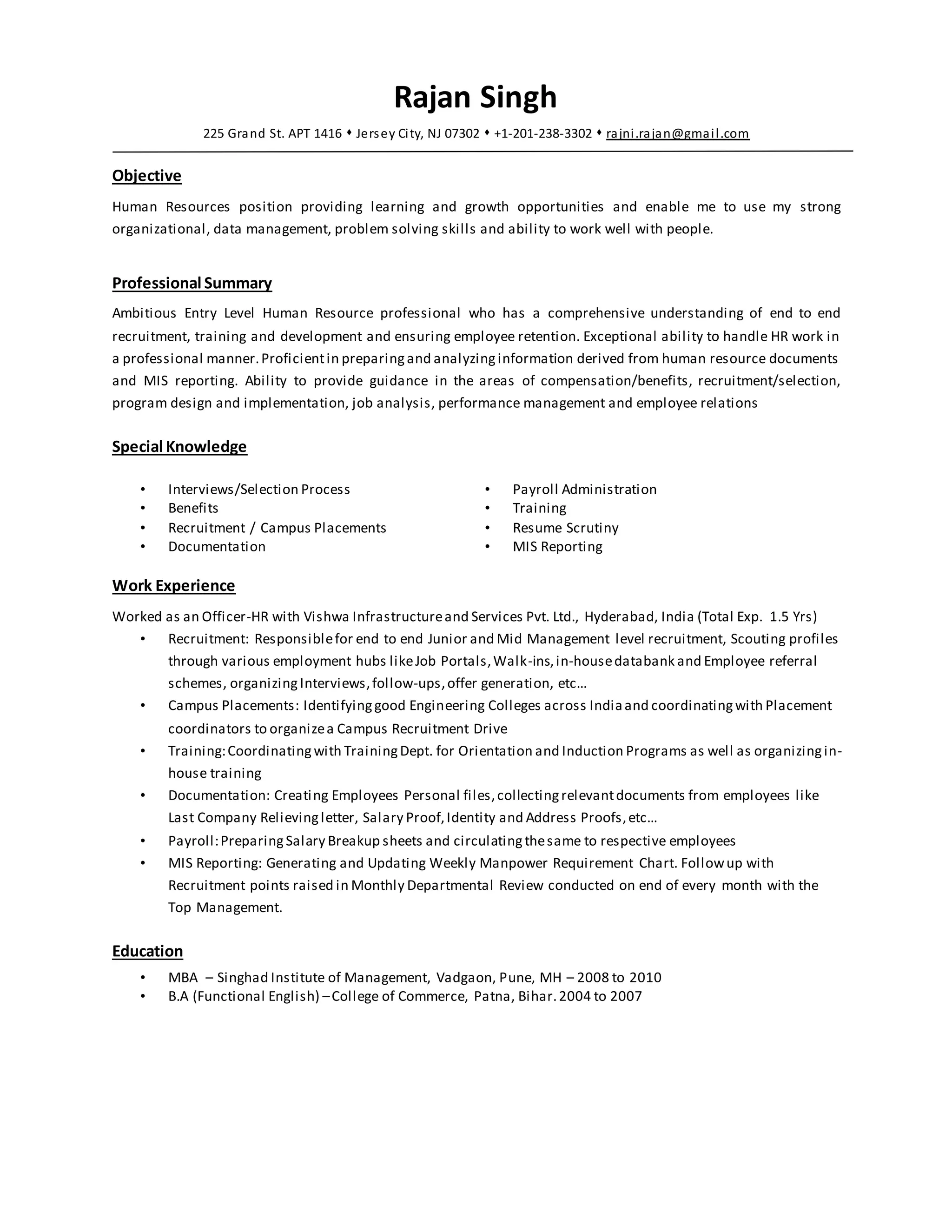 RajanSingh_Resume | DOCX | Human Resources | Business