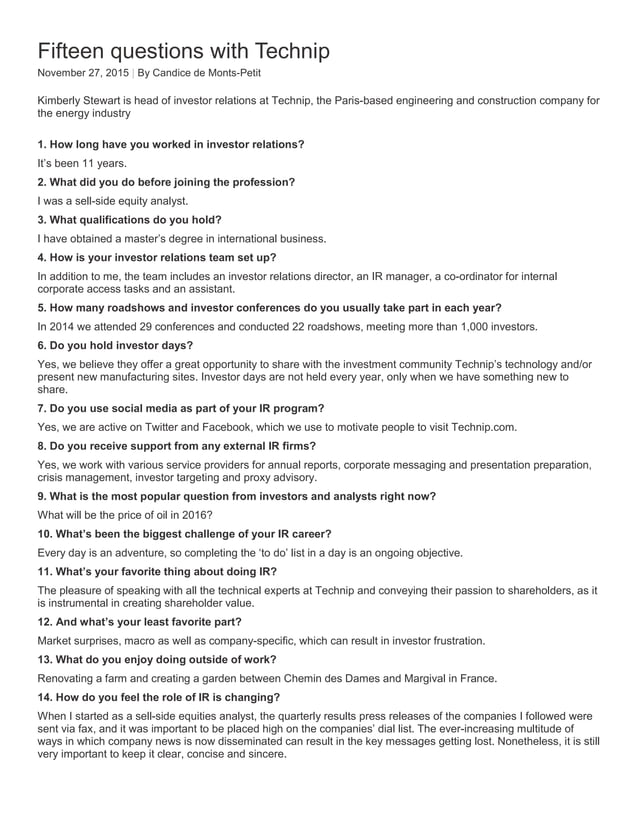 IR Magazine Winter 2015 Issue Fifteen questions with Technip | PDF