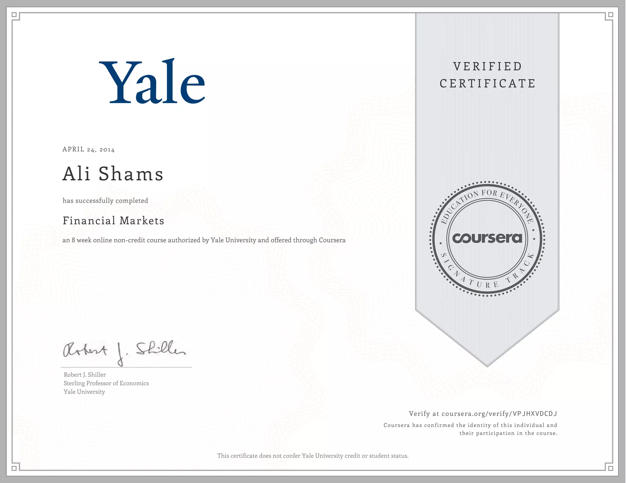 YALE Financial Market Certificate | PDF
