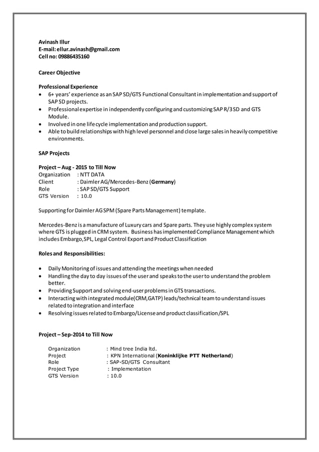 Avinash Illur_6 Yrs_SAP SD_GTS Consultant_Bangalore_1 | PDF