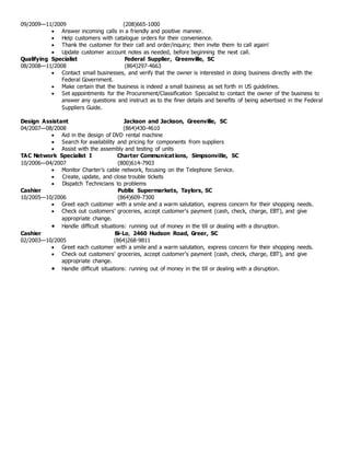 Jamie Jackson Resume 10182015 | DOCX | Grocery Shopping | Shopping