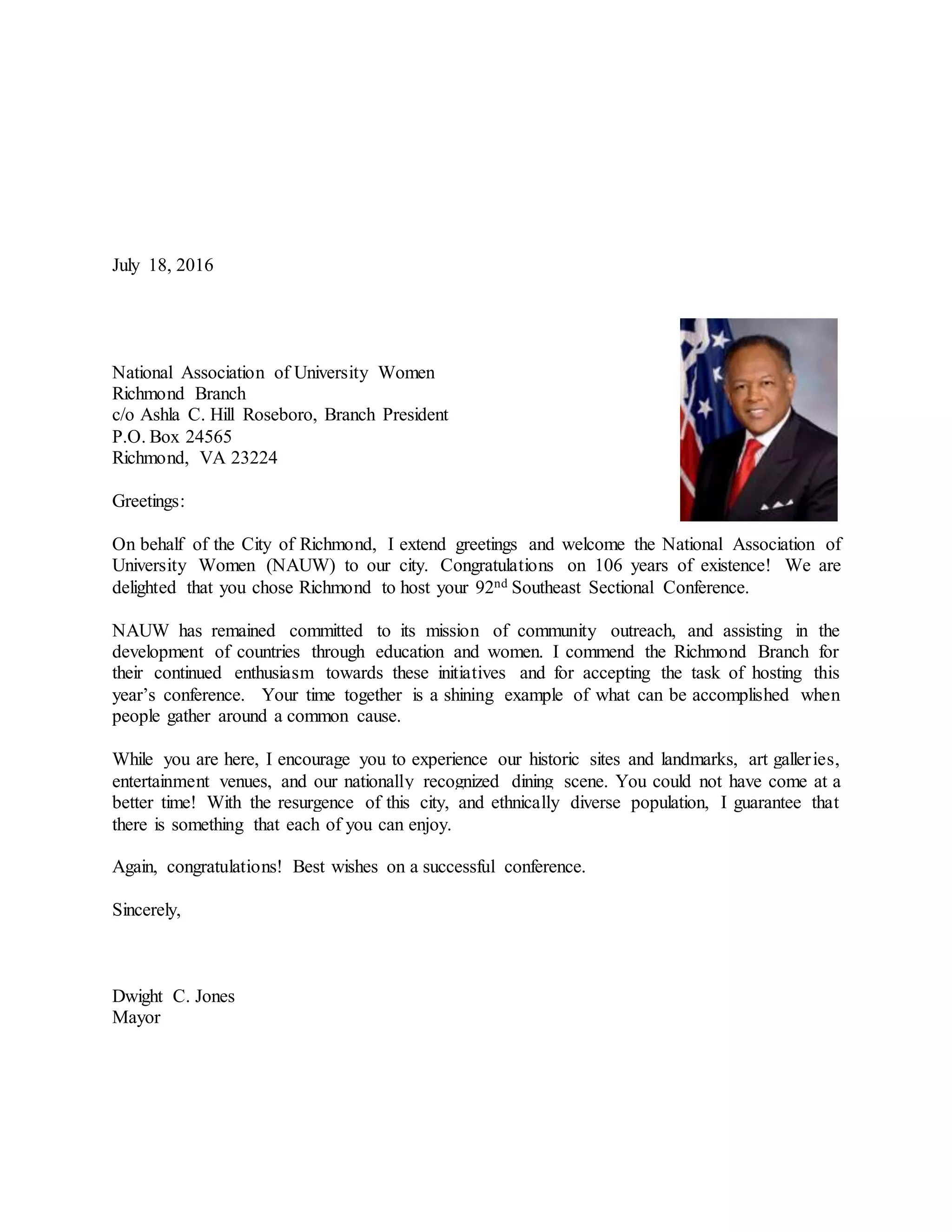 Welcome Letter for National Association of University Women 92nd ...