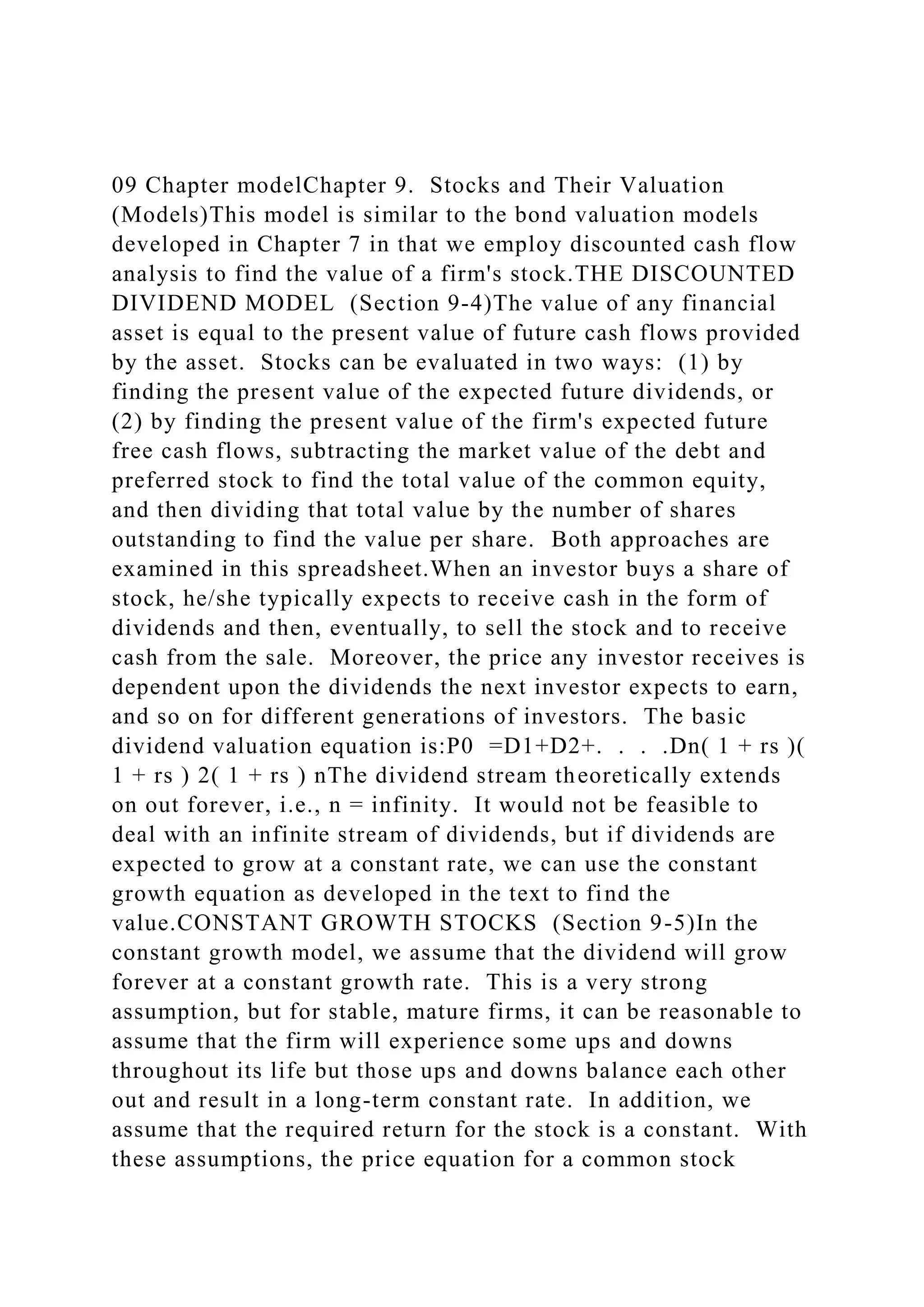 09 Chapter modelChapter 9. Stocks and Their Valuation (Models)Thi.docx