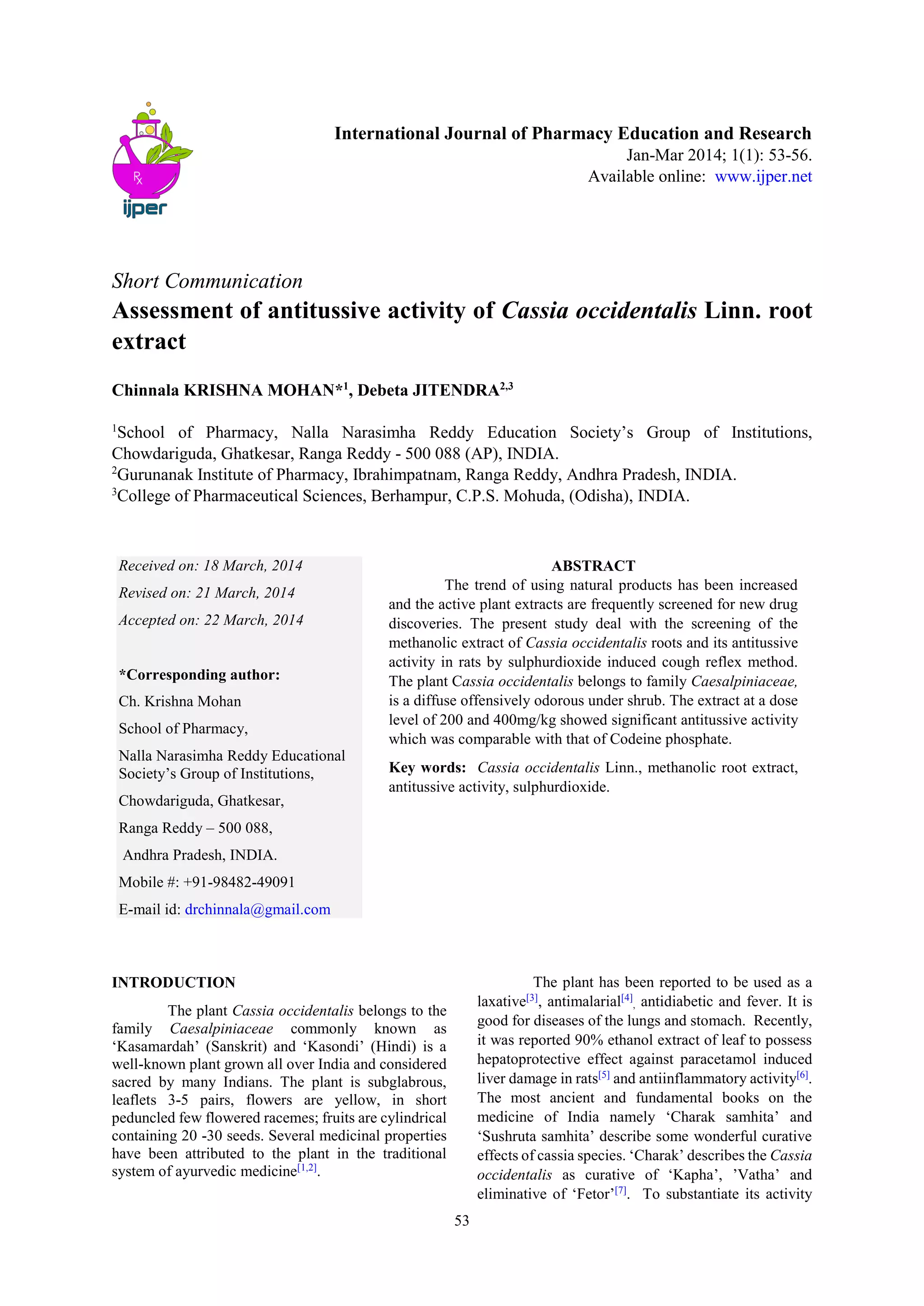 Assessment of antitussive activity of Cassia occidentalis Linn. root ...