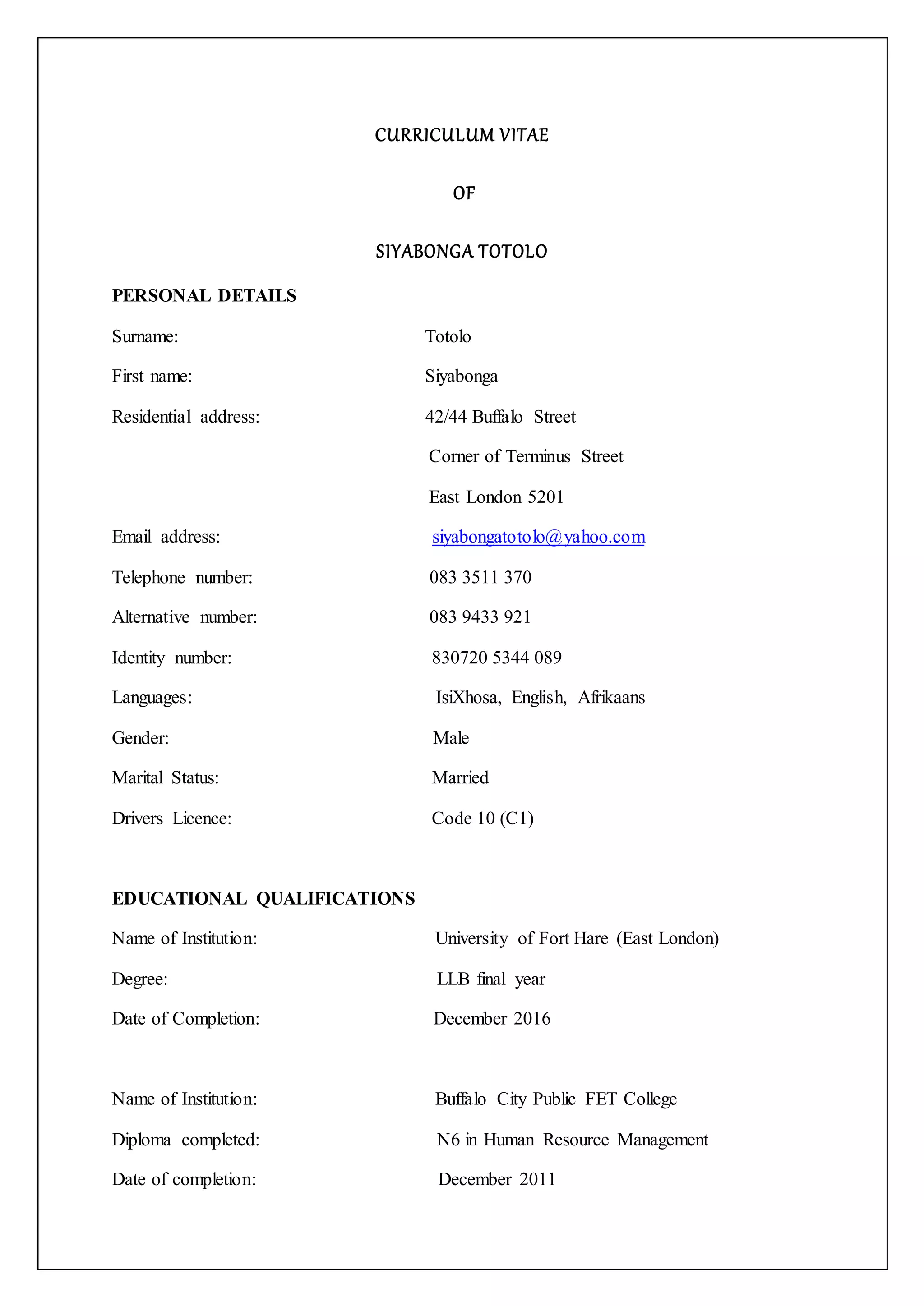 TOTOLO SIYABONGA CV. | DOCX