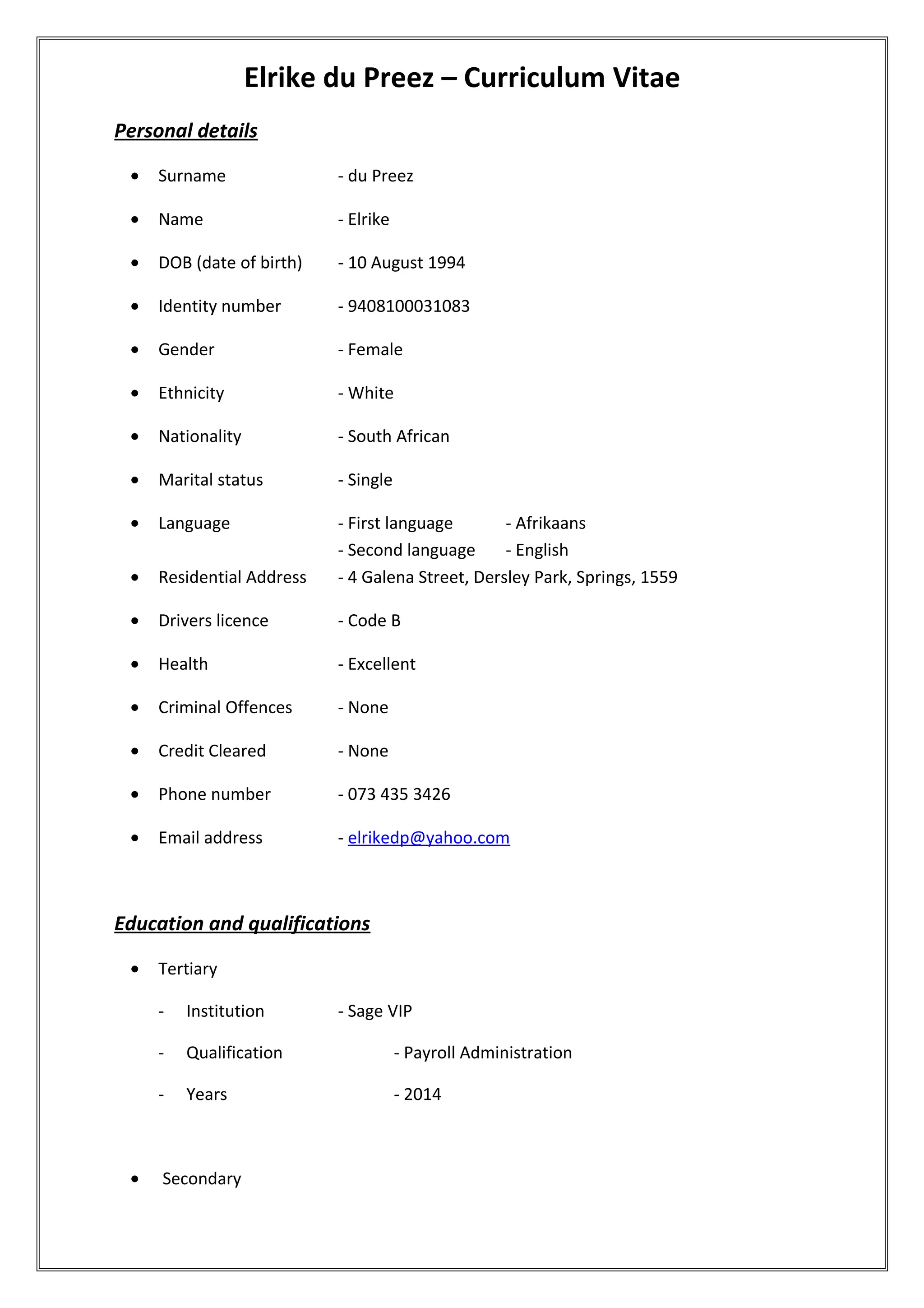 Elrike du Preez - CV | DOC