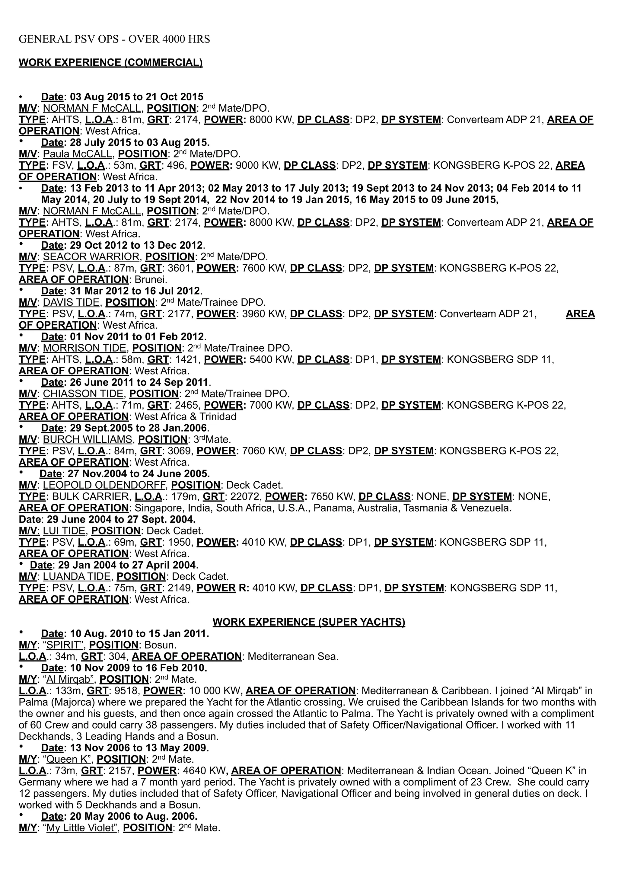CV - 2nd Mate YACHTS:DPO - FREDERIK LIEBENBERG | PDF