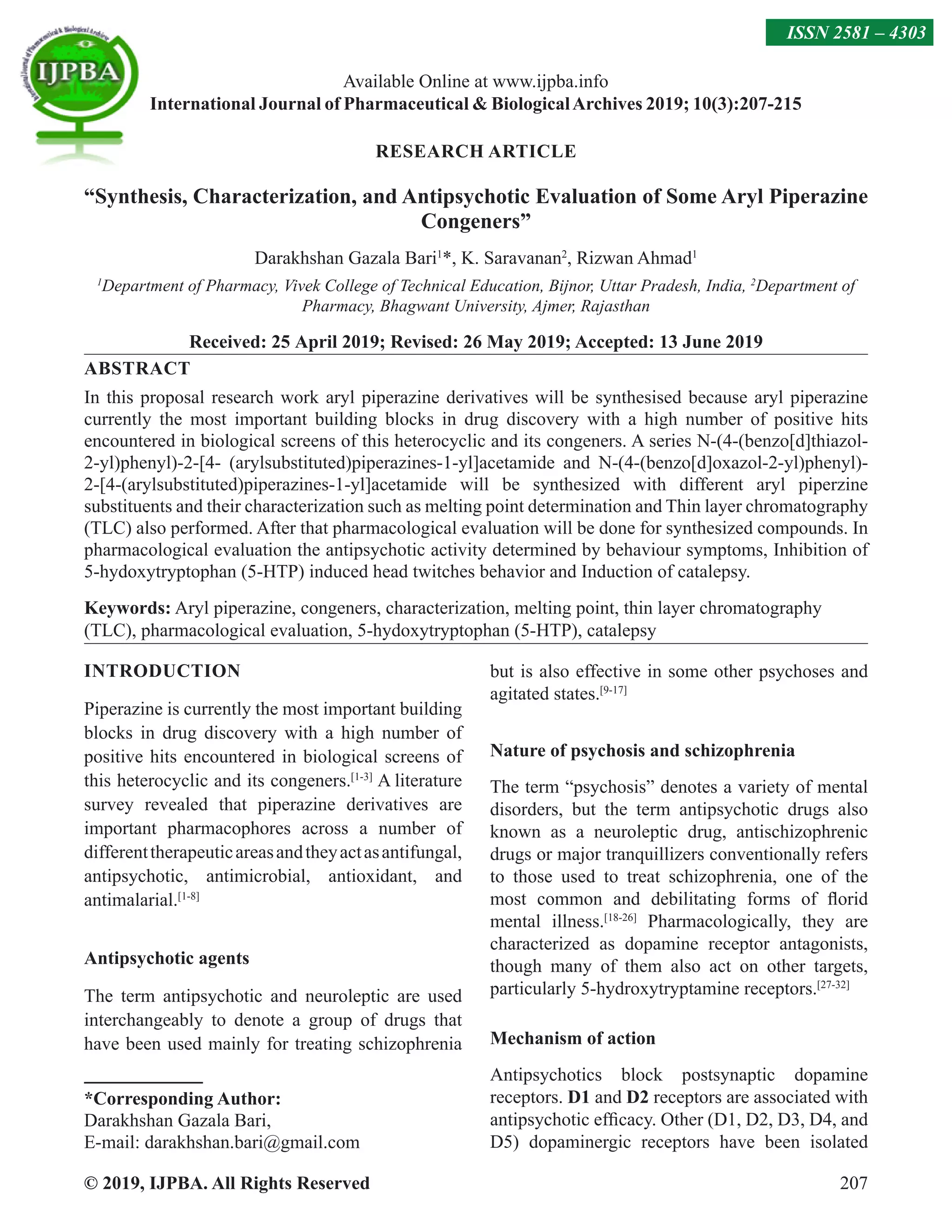 “Synthesis, Characterization, and Antipsychotic Evaluation of Some Aryl ...