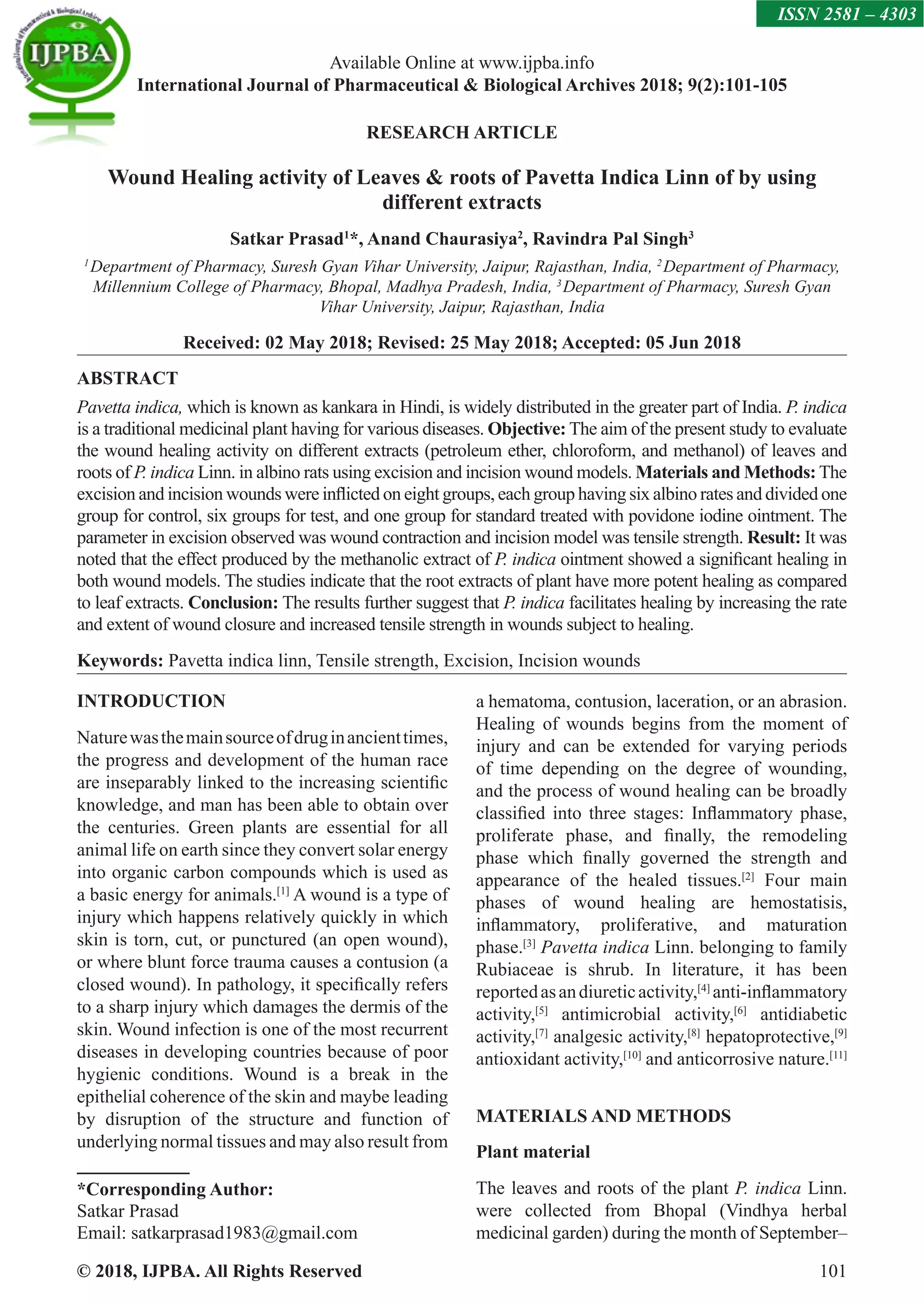 Wound Healing activity of Leaves & roots of Pavetta Indica Linn of by using different extracts | PDF