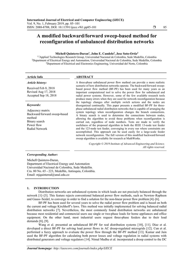 A modified backward/forward sweep-based method for reconfiguration of unbalanced distribution ...