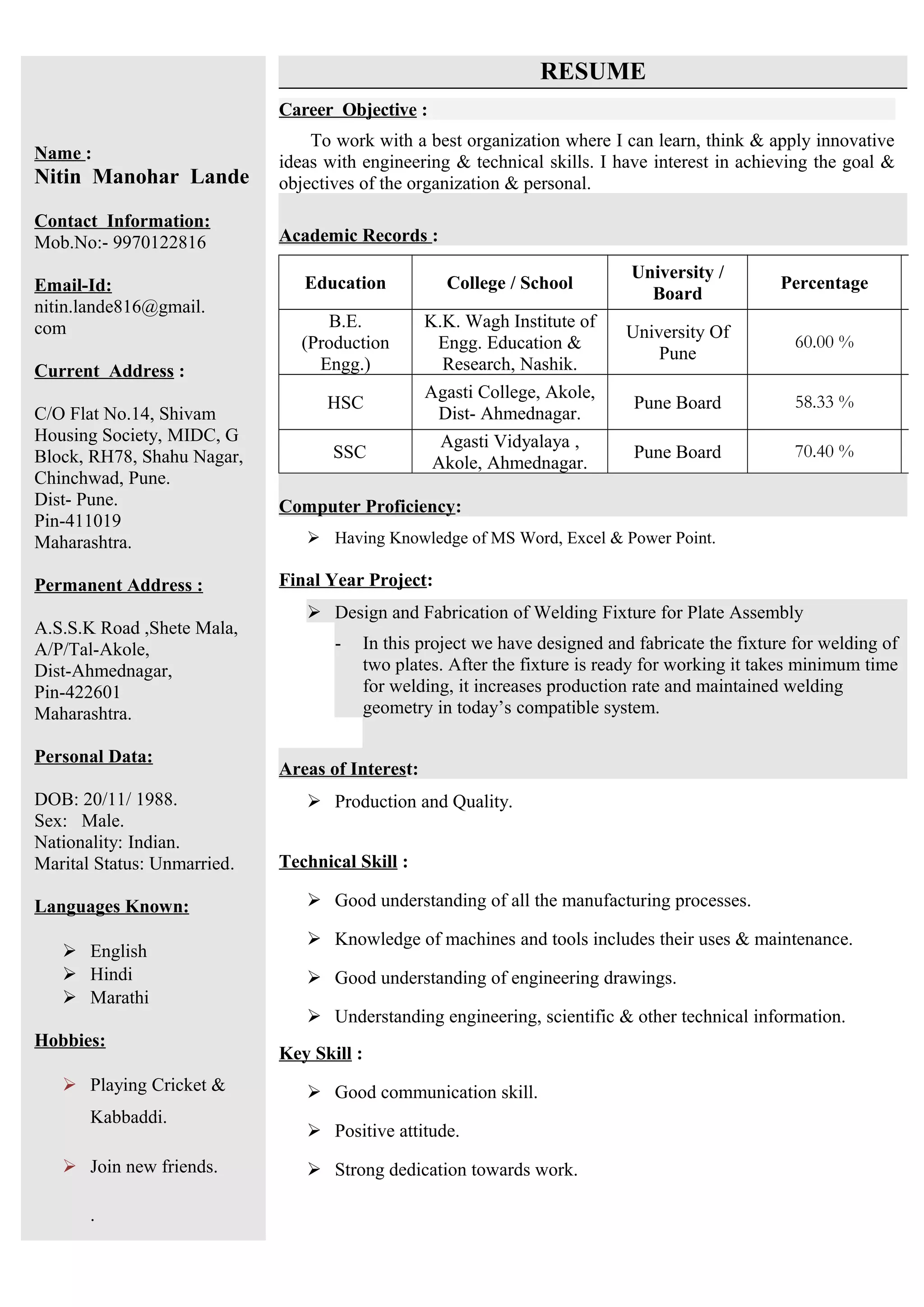 Nitin_resume | DOC | Manufacturing Industry | Industries
