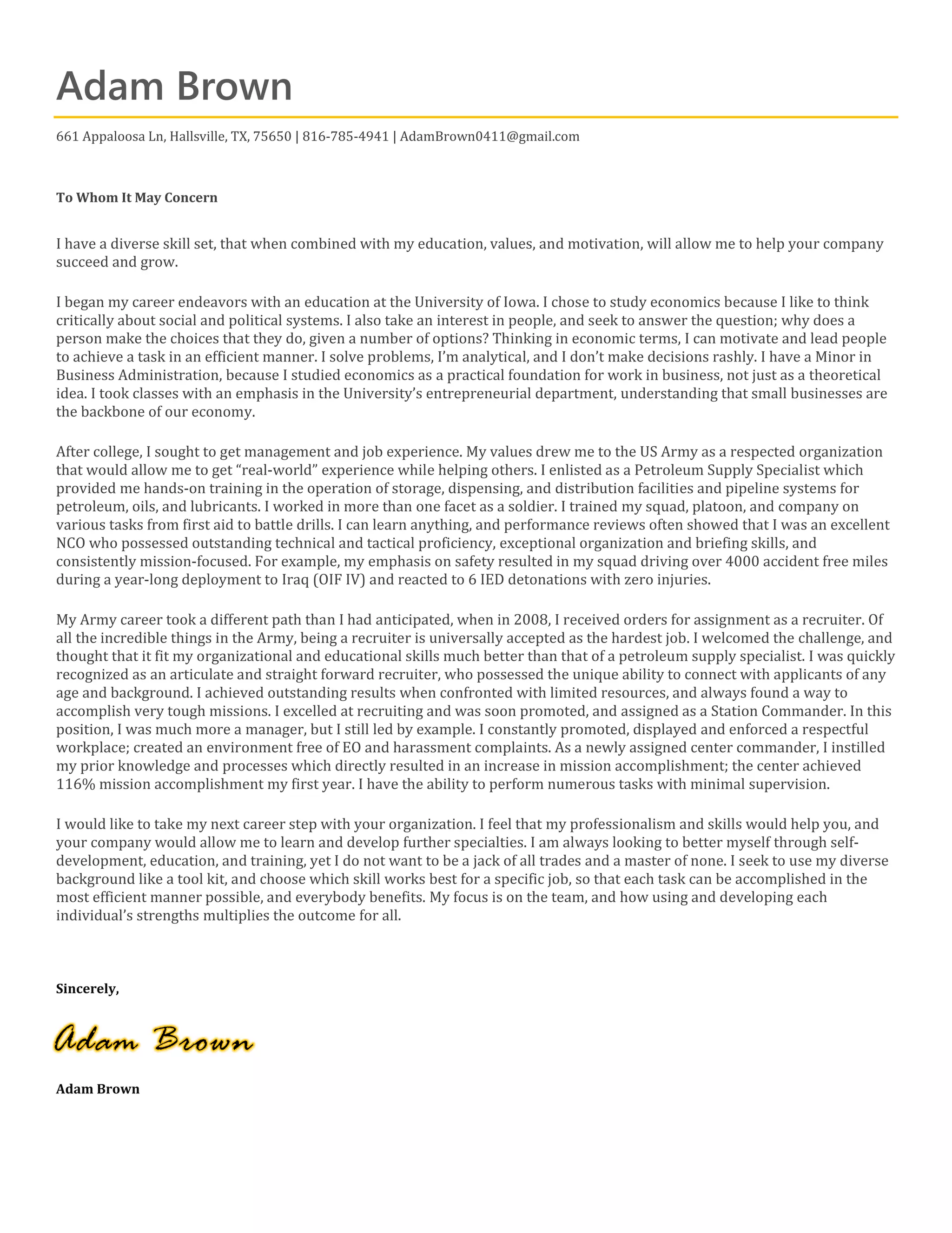 Adam Brown Cover Letter | PDF