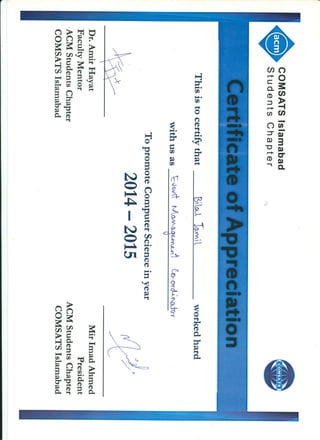 Event Coordinator ACM CIIT Islamabad Certificate | PDF