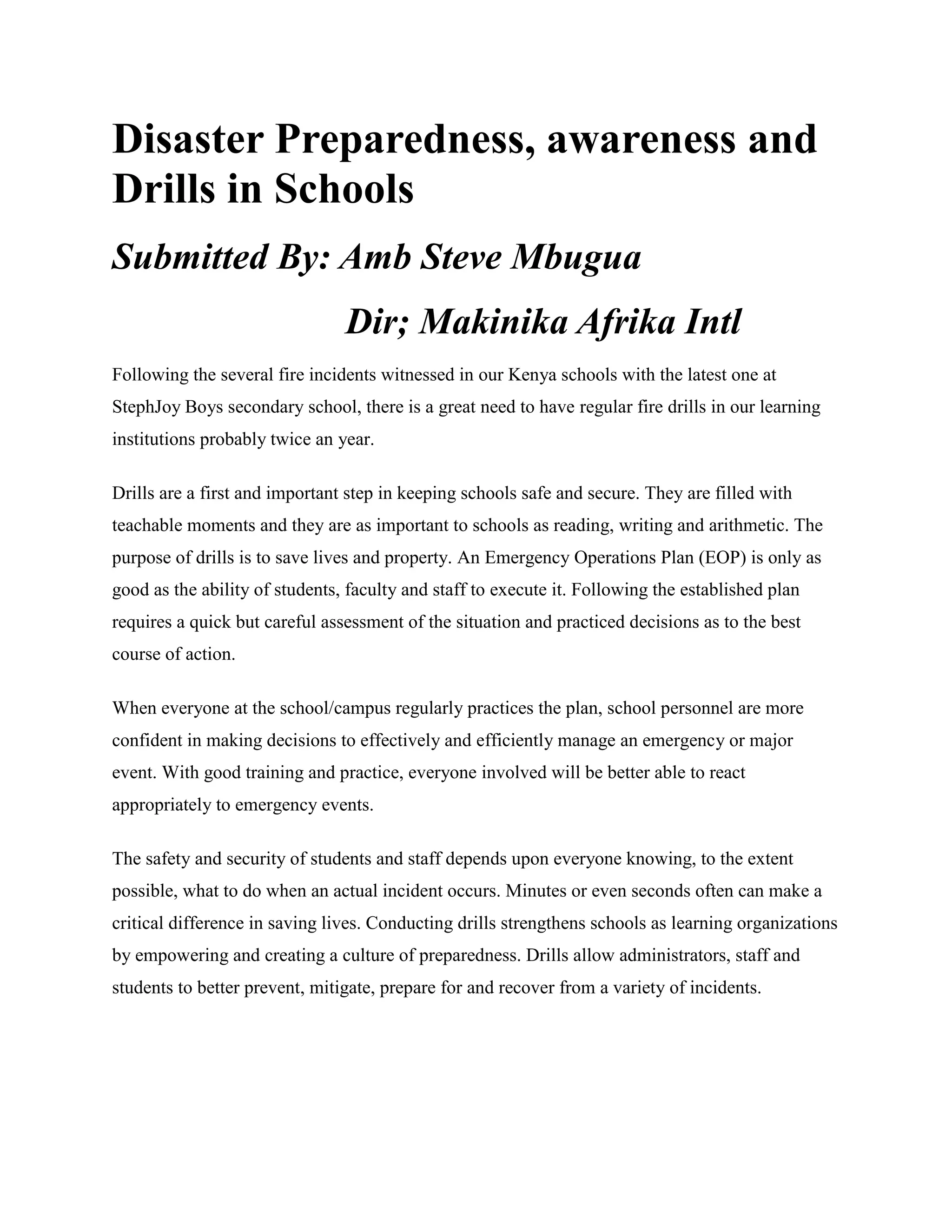 Disaster Preparedness In Schools | PDF