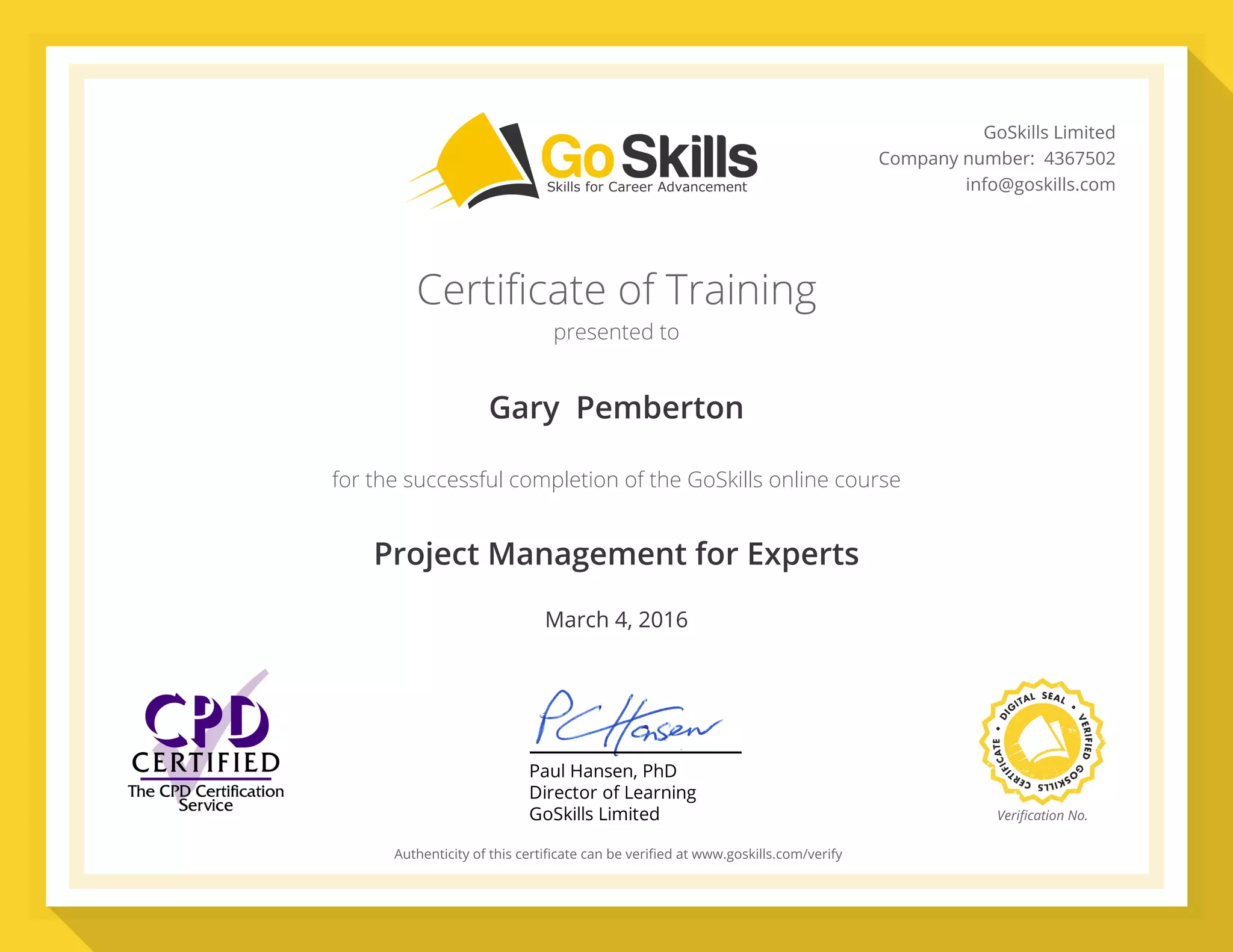 GoSkills Certificate - Gary Pemberton - Project Management for Experts ...