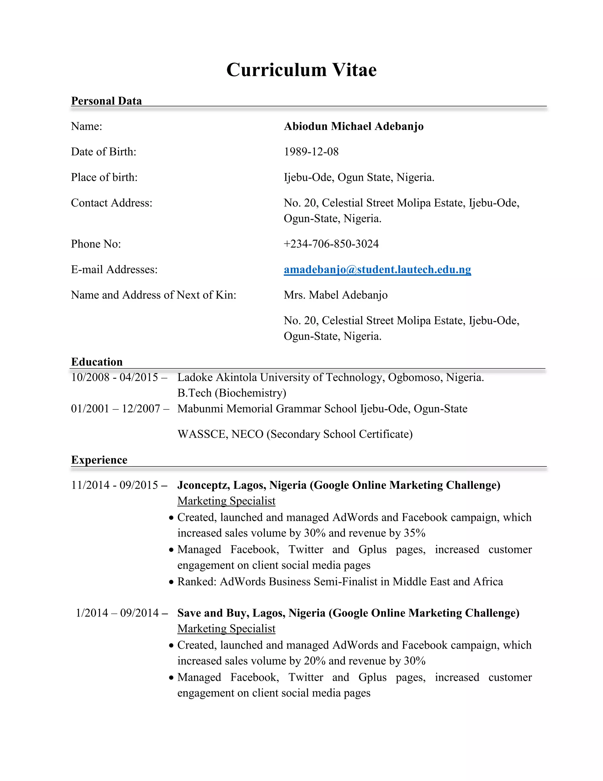 Adebanjo, Abiodun Michael Curriculum Vitae | PDF