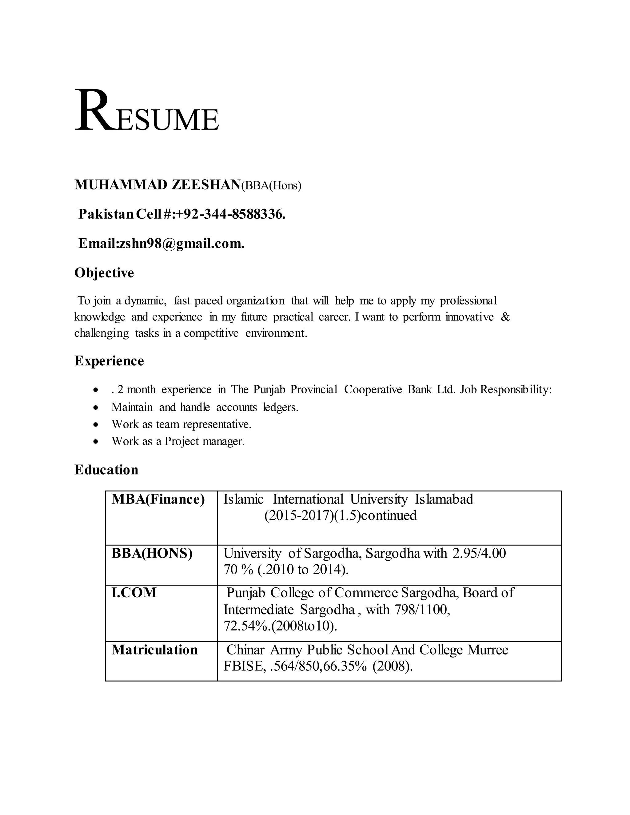 c.v m.zeeshan | DOCX | Resume Writing and Advice | Job Search