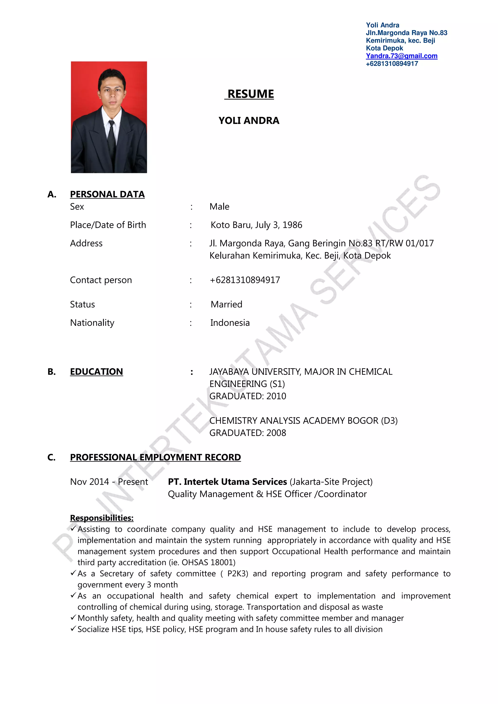 CV Yoli Andra - HSE Officer-Coordinator | PDF