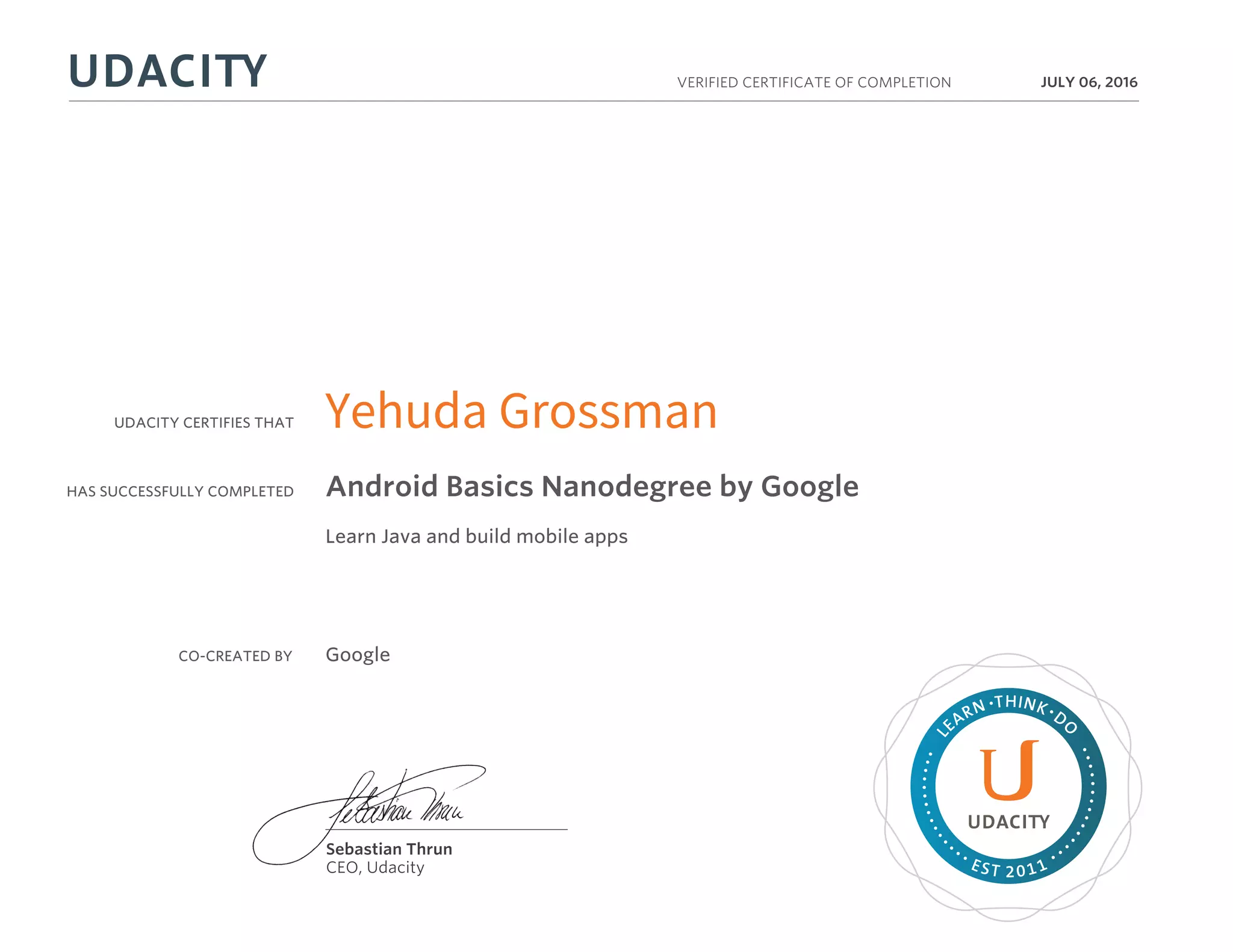Certificate for Udacity Android Basics Nanodegree by Google | PDF