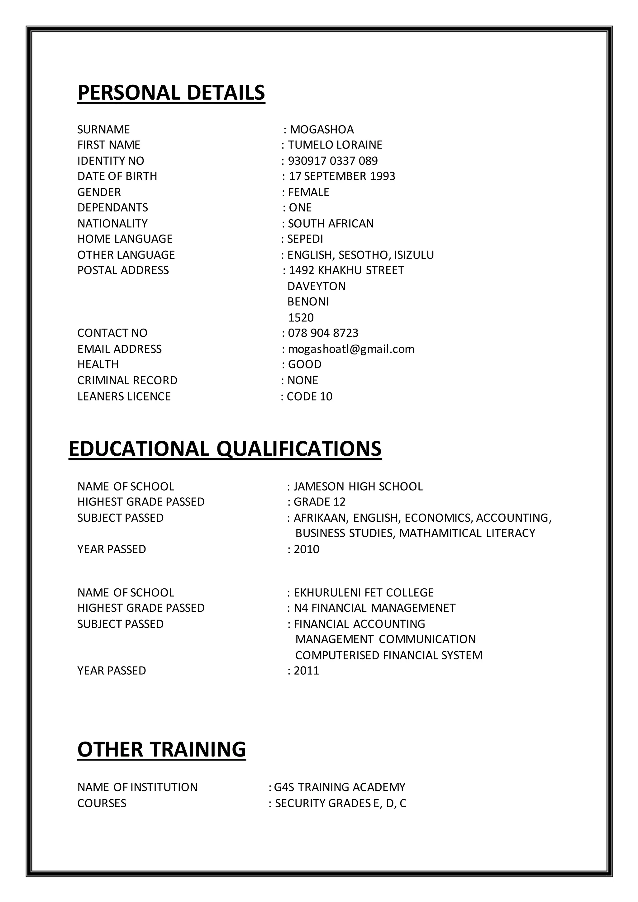 CURRICULUM VITAE OF Tumelo | DOCX