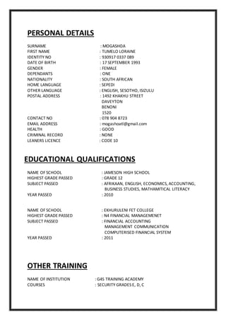 CURRICULUM VITAE OF Tumelo | DOCX
