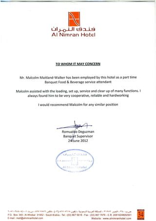 Al Nimran Hotel Recommendation Letter | PDF