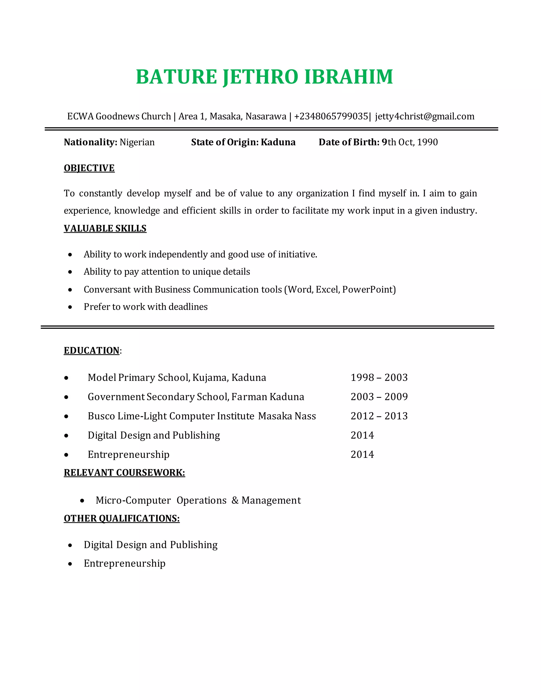 BATURE JETHRO IBRAHIM NEW CV | DOCX