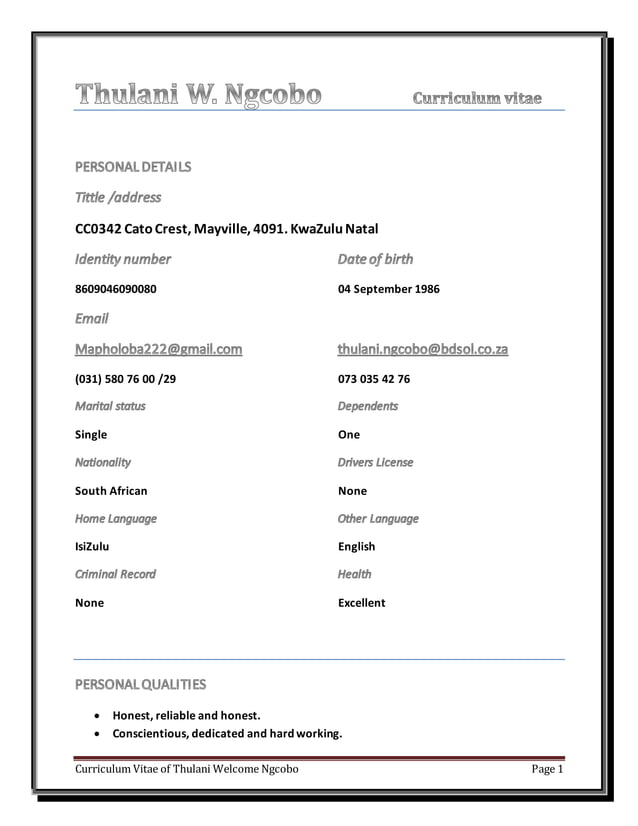 Thulani W. NEW CV-1 | DOCX | Africa Travel | Travel Locations