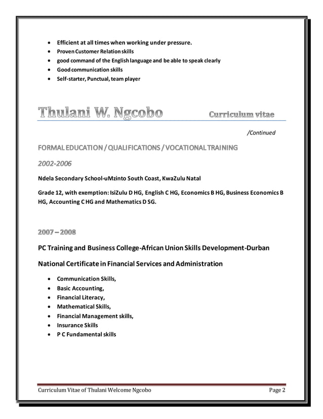 Thulani W. NEW CV-1 | DOCX | Africa Travel | Travel Locations