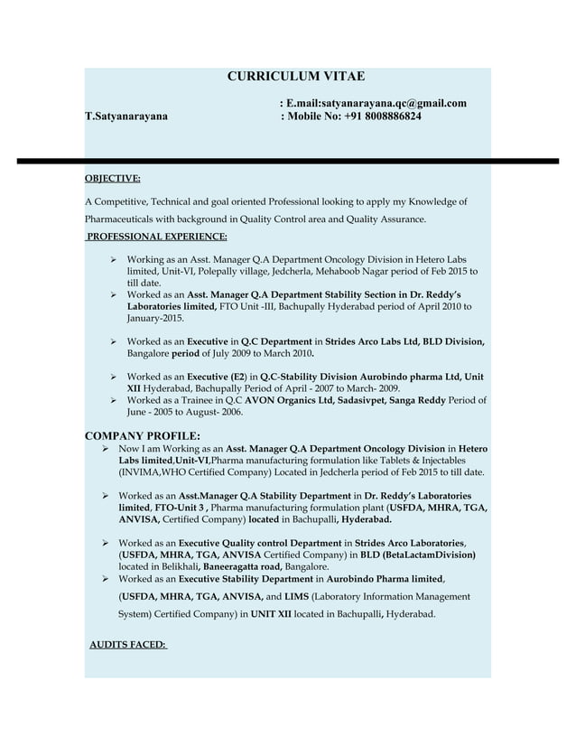 satya Resume | DOC | Pharmaceutical Industry | Industries