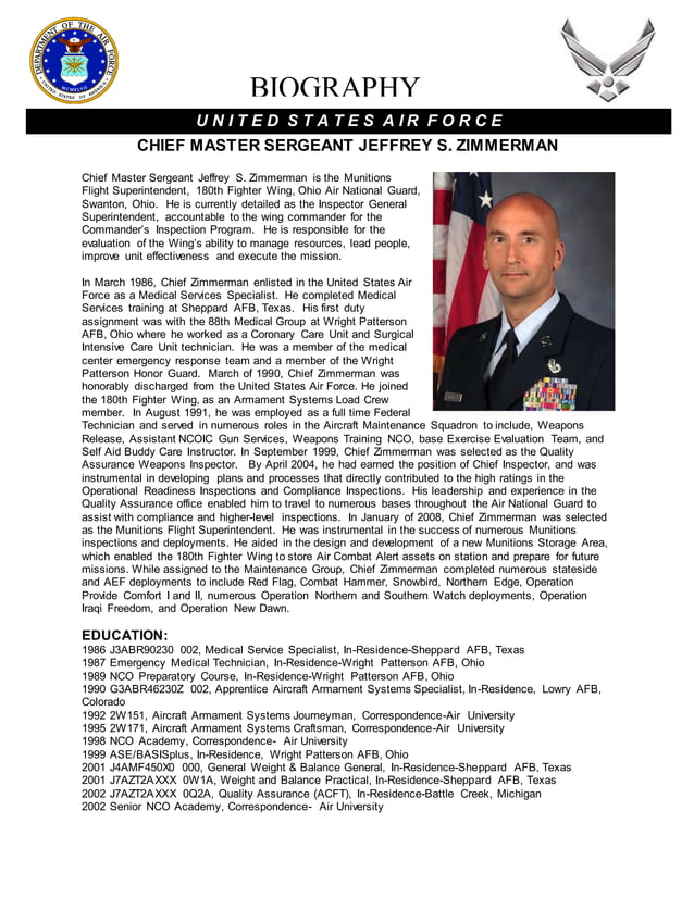 CMSgt Zimmerman BIO | DOCX | Defense Industry | Industries