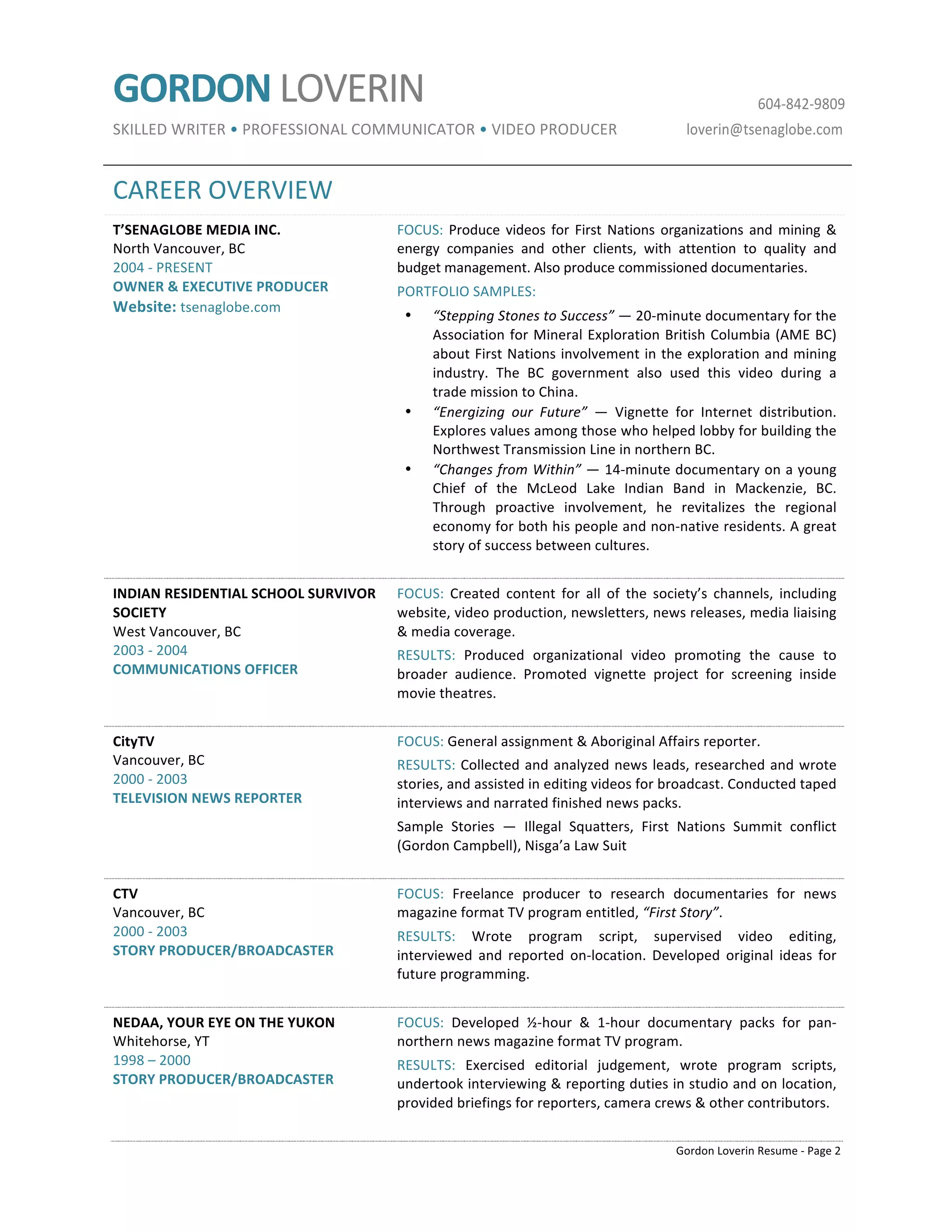 Gordon Loverin Resume | PDF | Video Production | Content Production