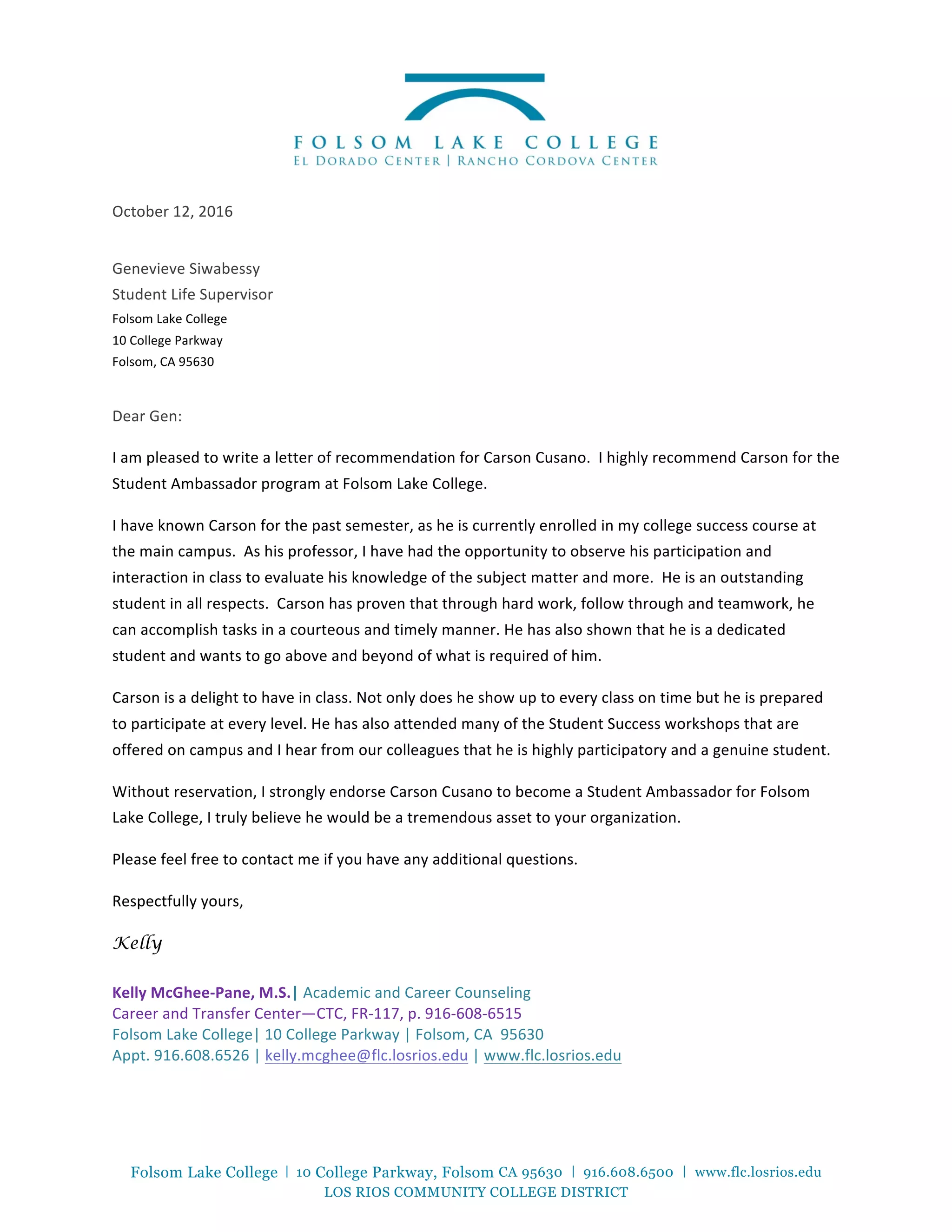 Letter of Recommendation Kelly McGhee | PDF | College Education | Education
