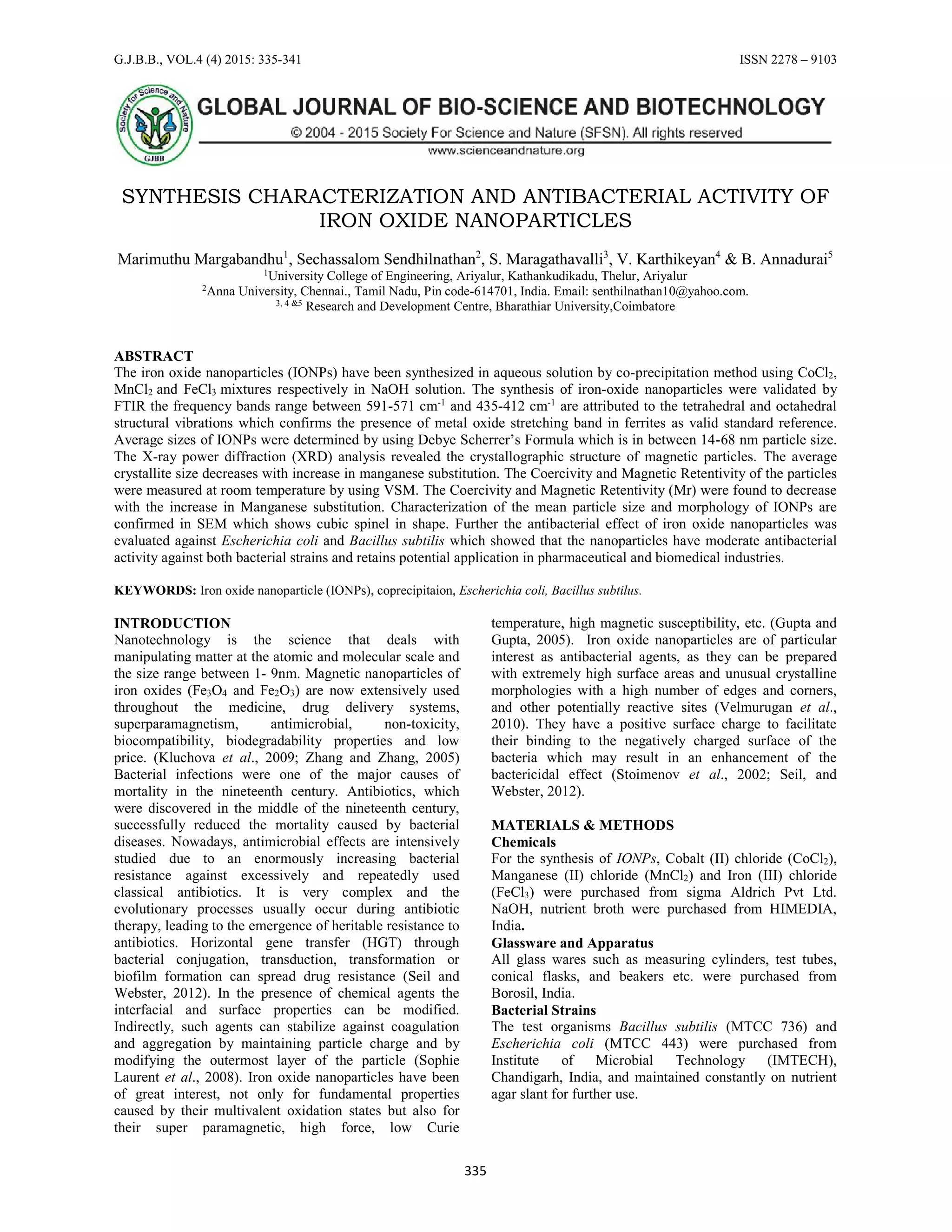 56.Synthesis, Characterization and Antibacterial activity of iron oxide Nanoparticles | PDF