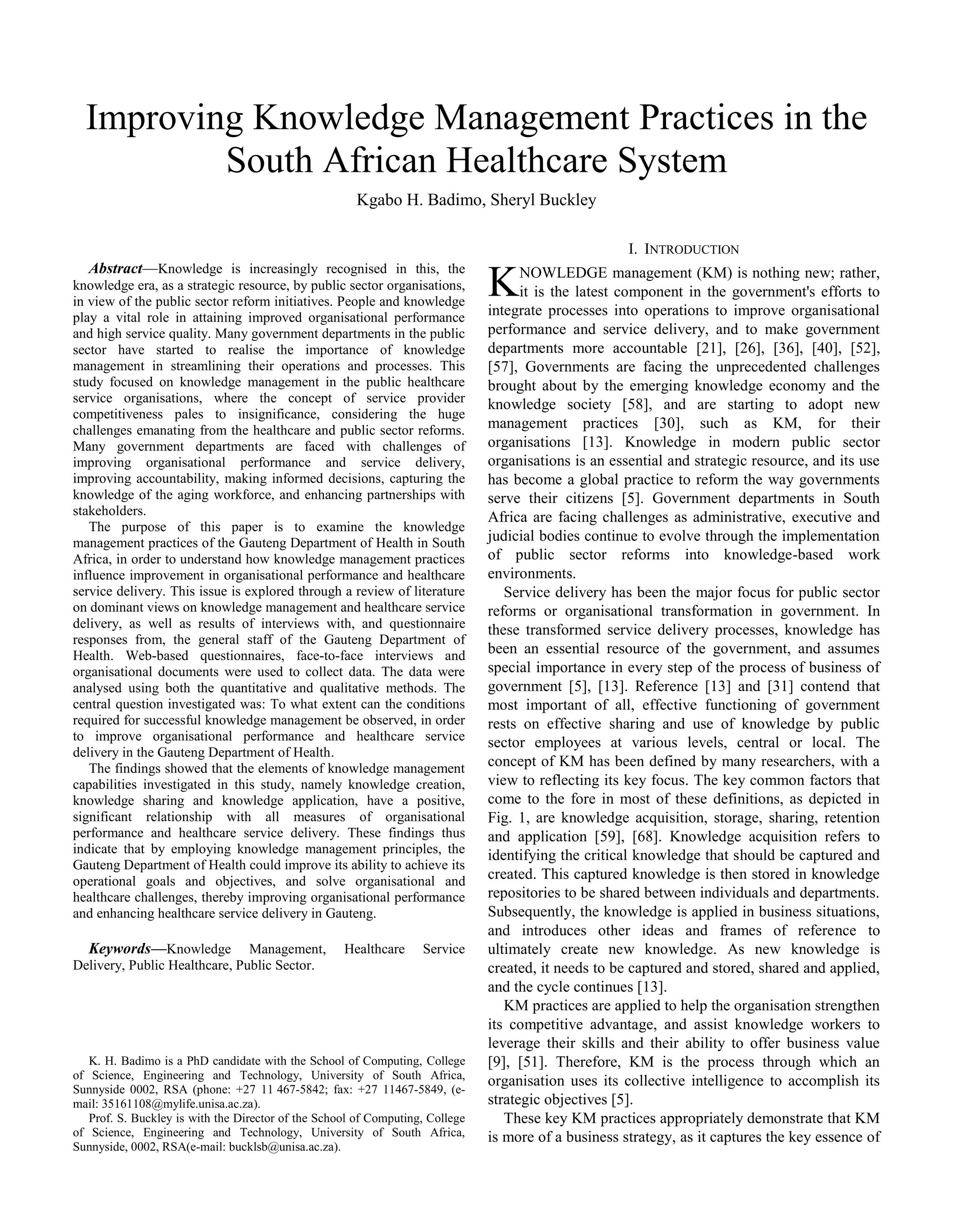 Using Knowledge Management Practices for transformation in the public sector | PDF