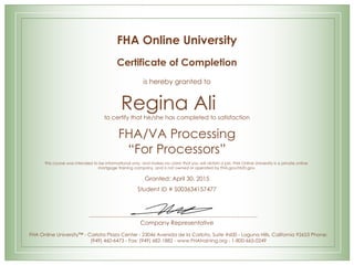 FHA_VA_Processing_Cert_Regina_Ali | PDF | Real Estate