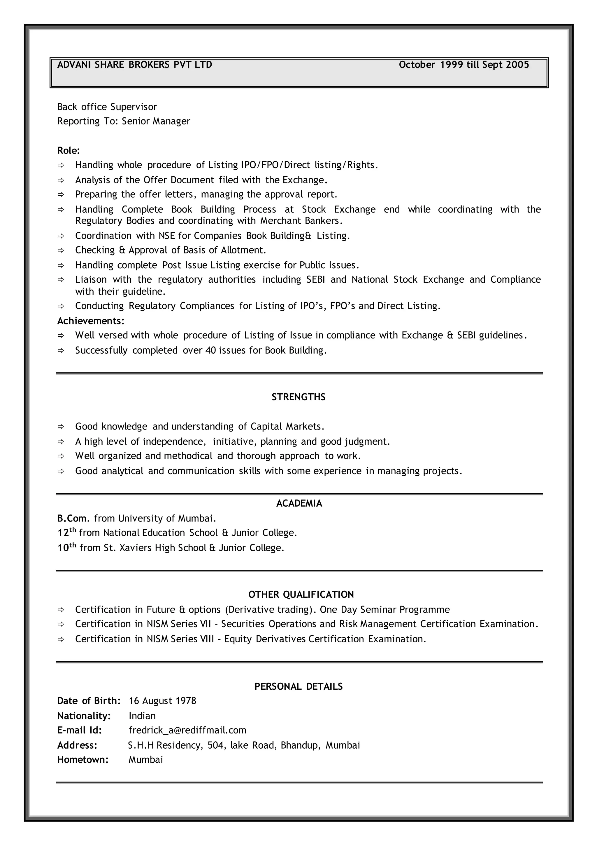 Profile-Resume-fred | DOCX | Business Accounting & Finance | Business