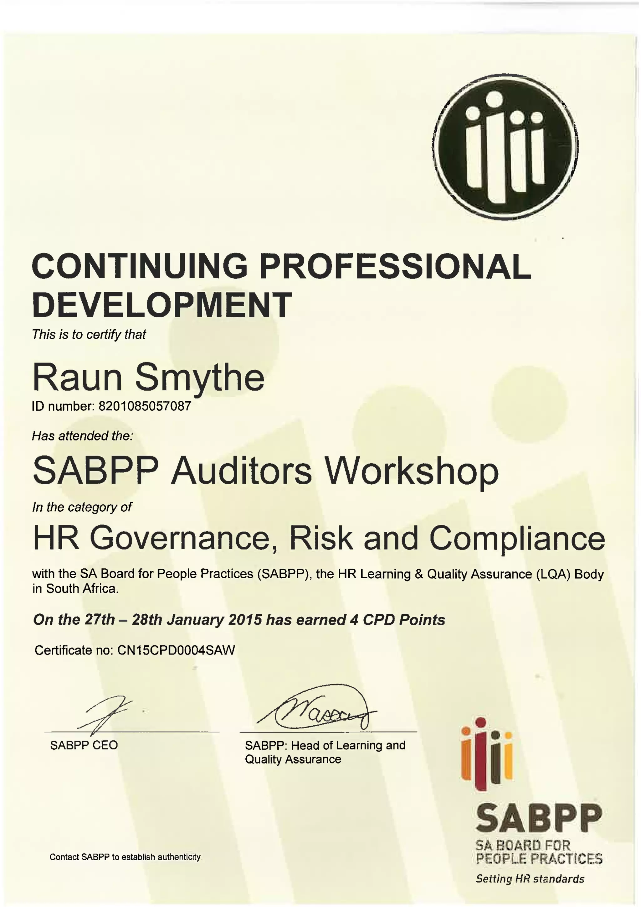 Raun Smythe - SABPP Certificate of attendance | PDF