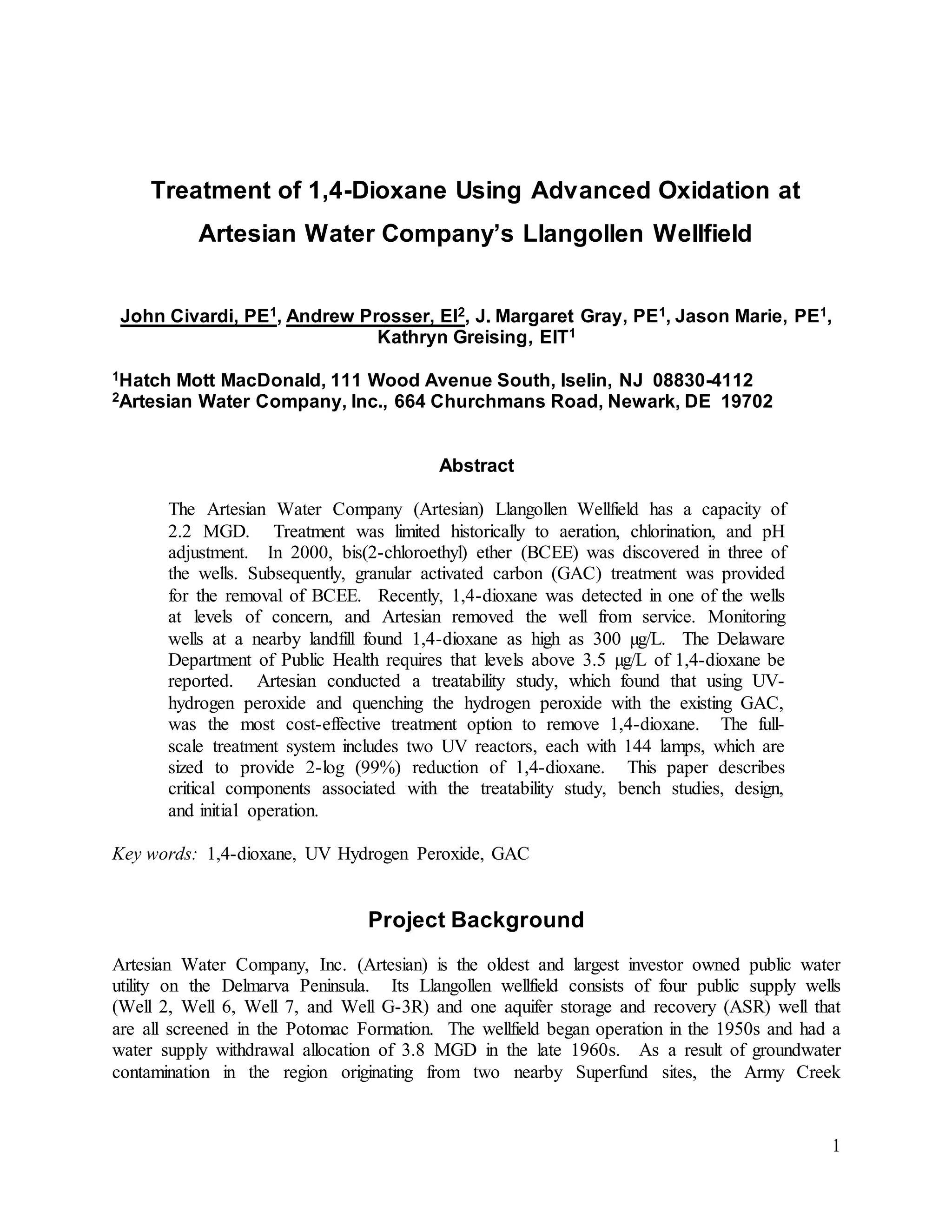 IUVA Paper UV OXidation for 1,4 Dioxane and BCEE removal at Artesian ...