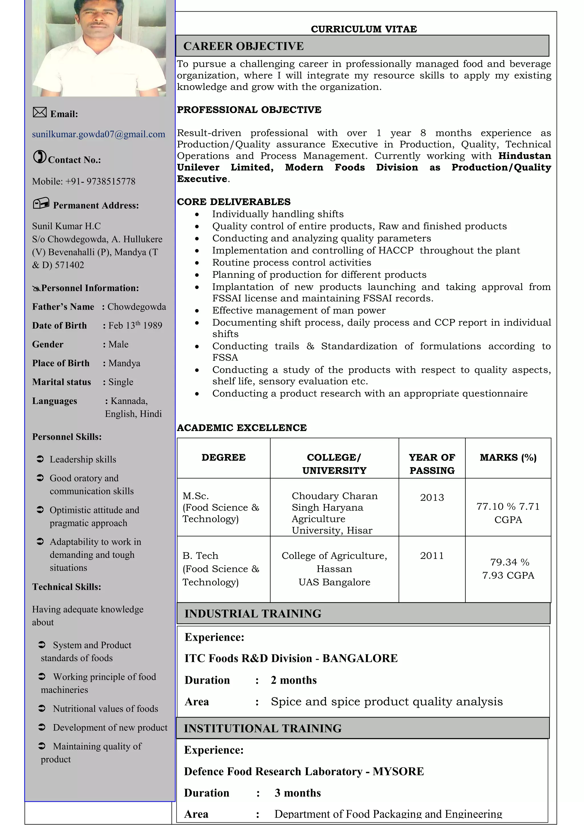CV Sunil Food technology | PDF
