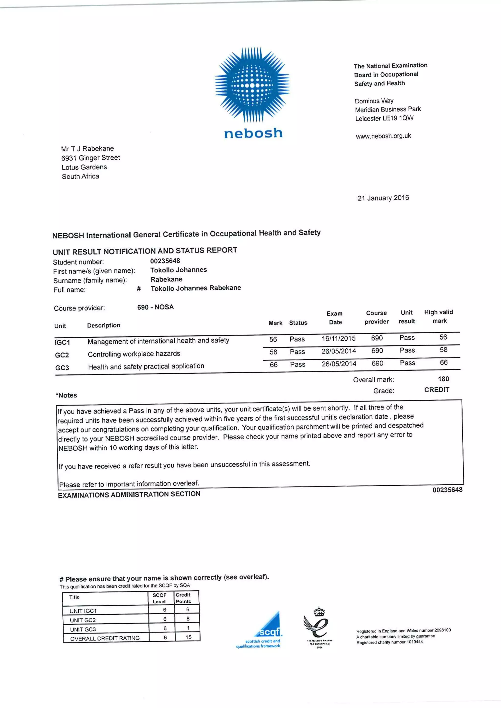 Saiosh and NEBOSH IGC Certificates | PDF